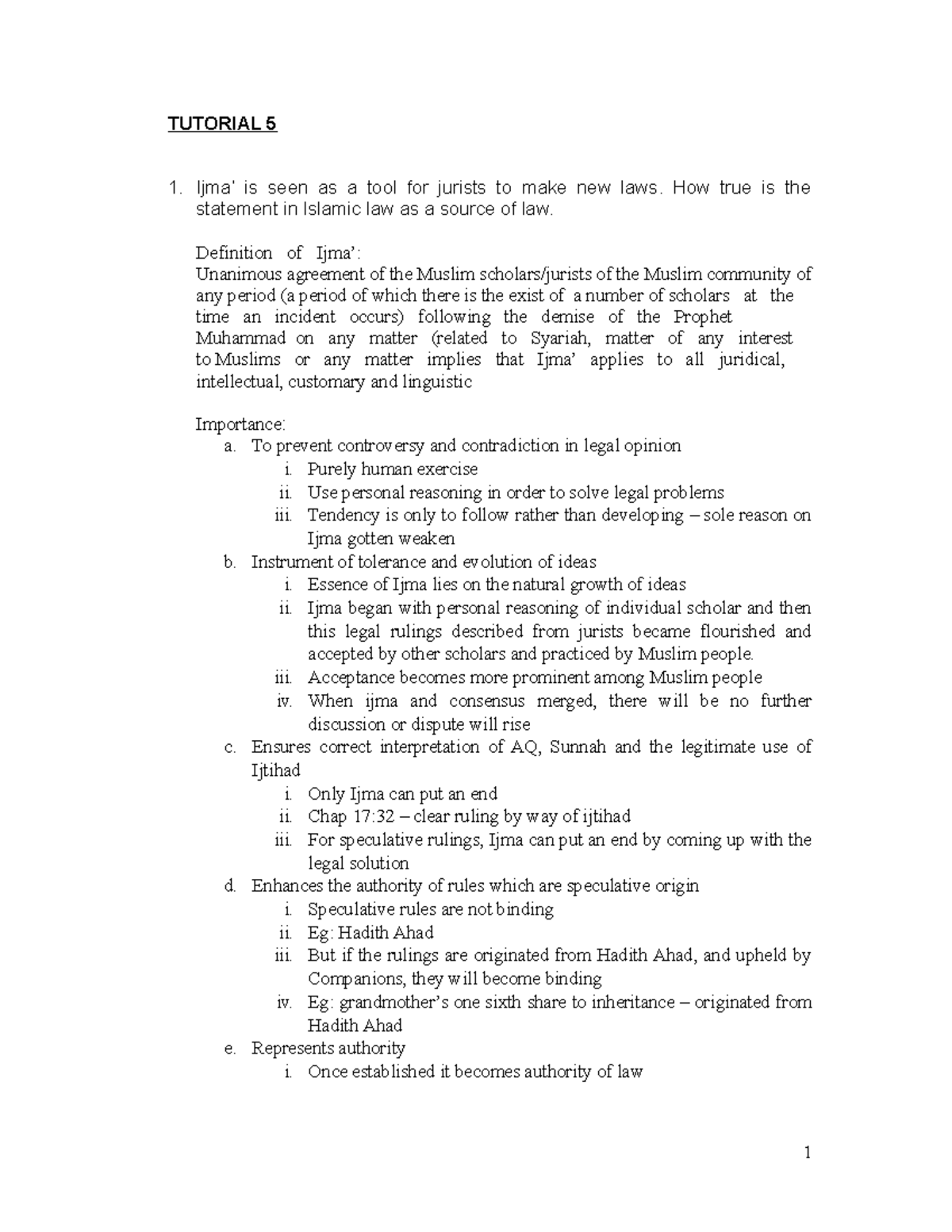 Islamic Law Tutorial 5 - Draft - TUTORIAL 5 Ijma’ is seen as a tool for ...