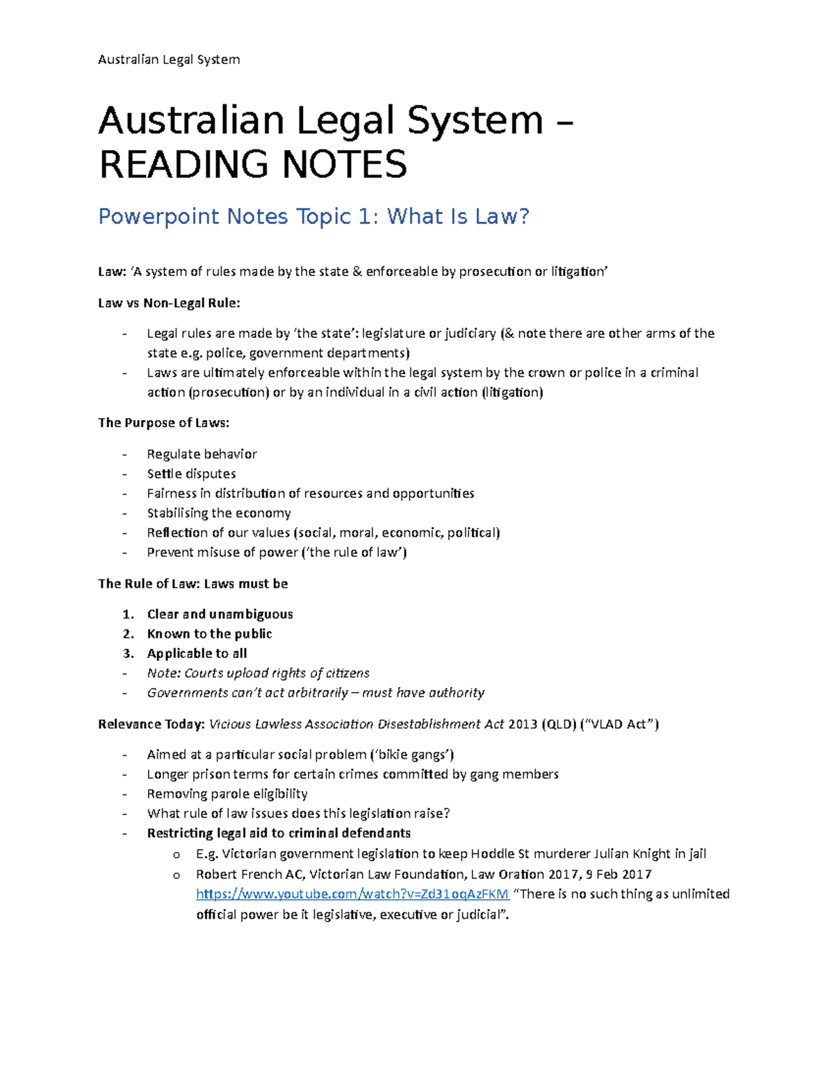 Aust Legal Systems Topic 1 - 3Notes - Australian Legal System ...