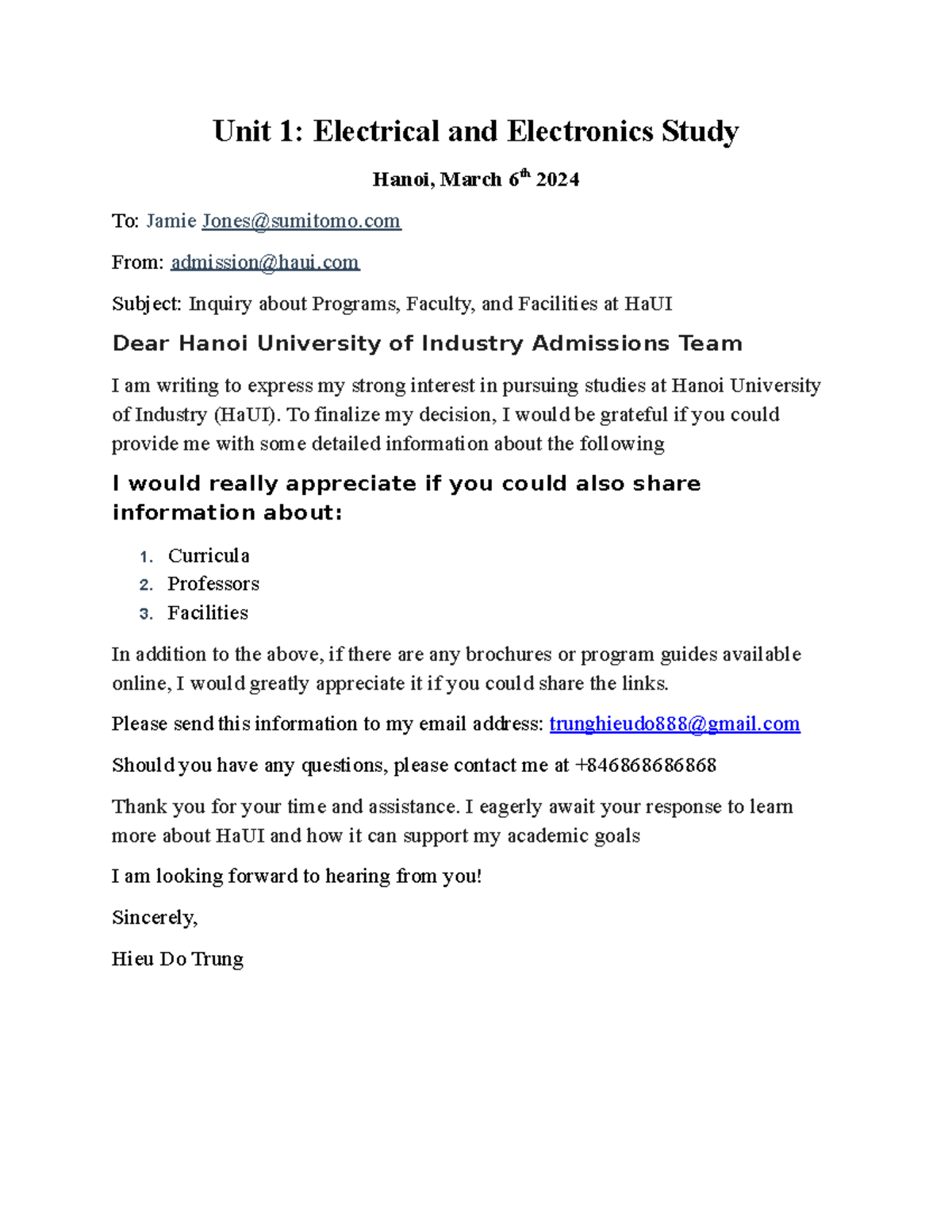 Unit 1 Writing DO Trung HIEU - Unit 1: Electrical and Electronics Study Hanoi, March 6 th 2024 ...