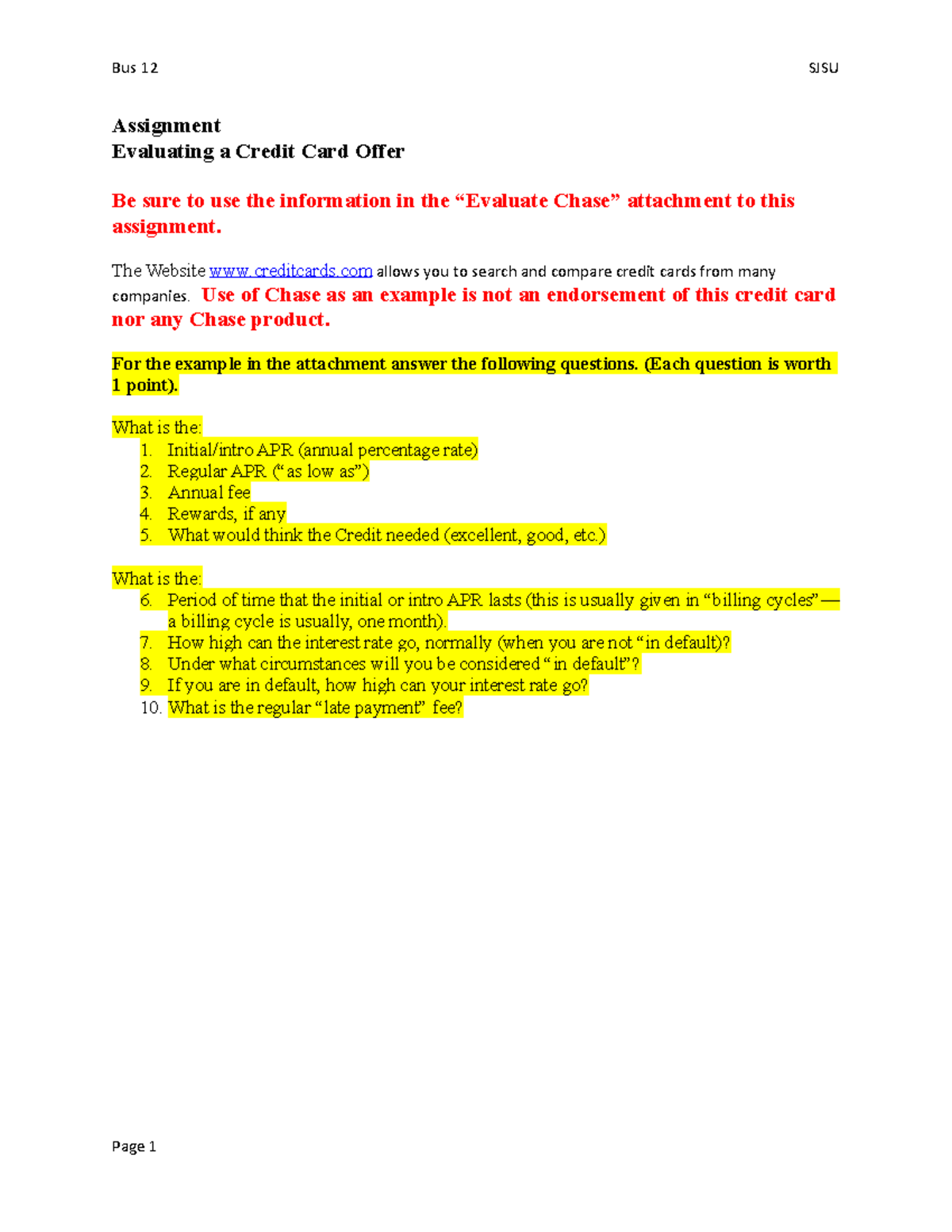 BUS12-Credit Card Assignment - Bus 12 SJSU Assignment Evaluating a ...