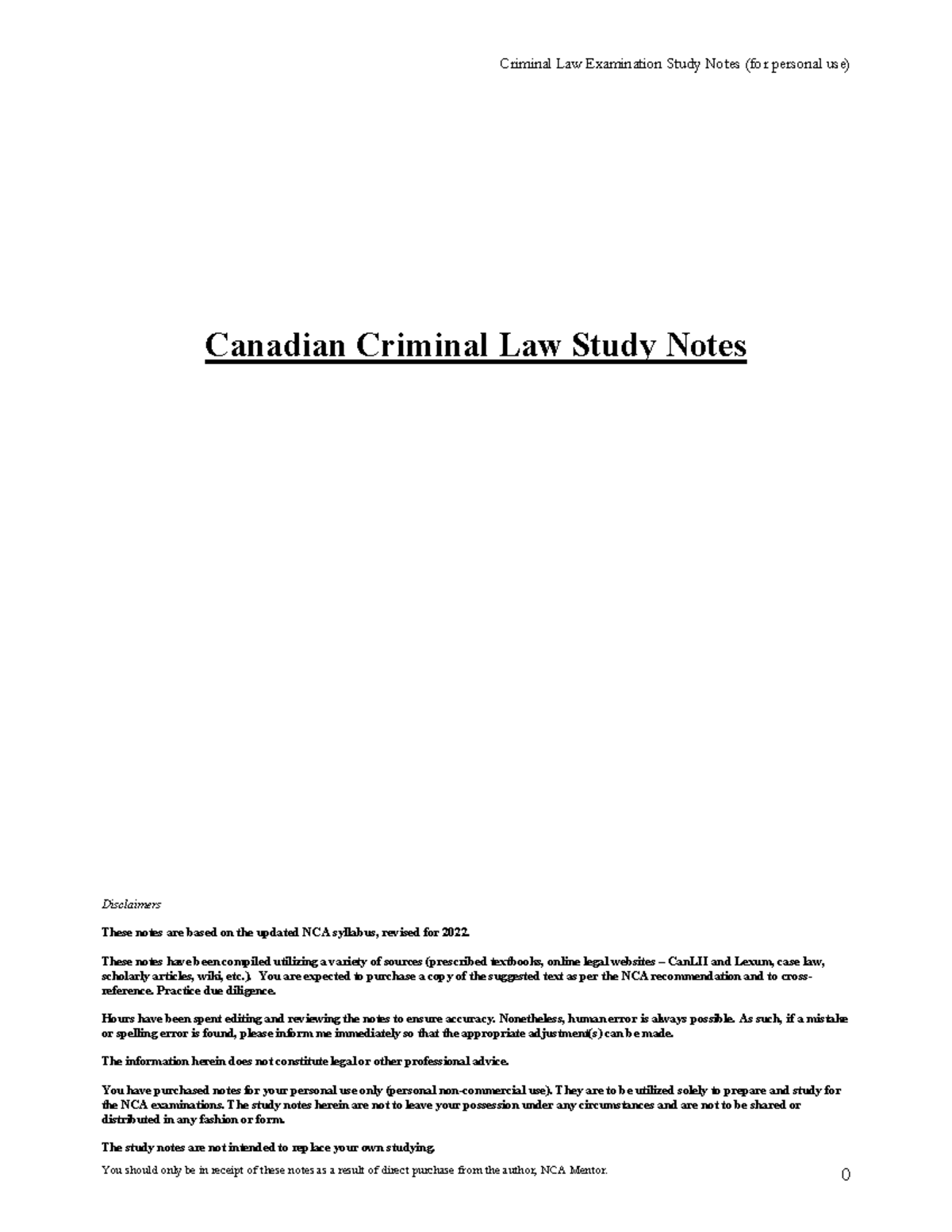 1. Criminal LAW Notes - Canadian Criminal Law Study Notes Disclaimers ...
