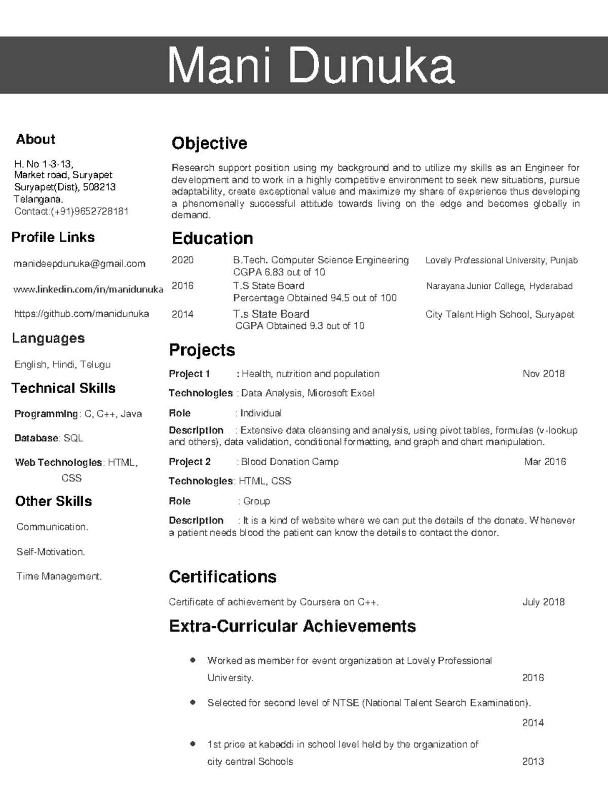 Mani cv - jnbnn - Mani Dunuka About H. No 1-3-13, Market road, Suryapet ...