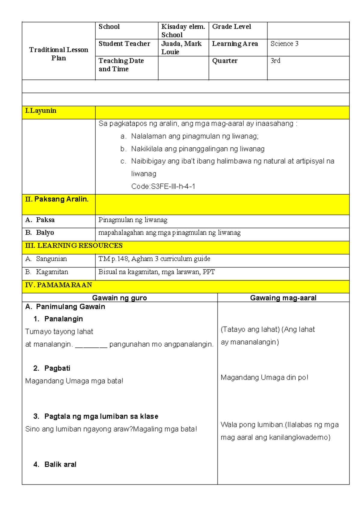 Traditional lesson plan - Traditional Lesson Plan School Kisaday elem ...