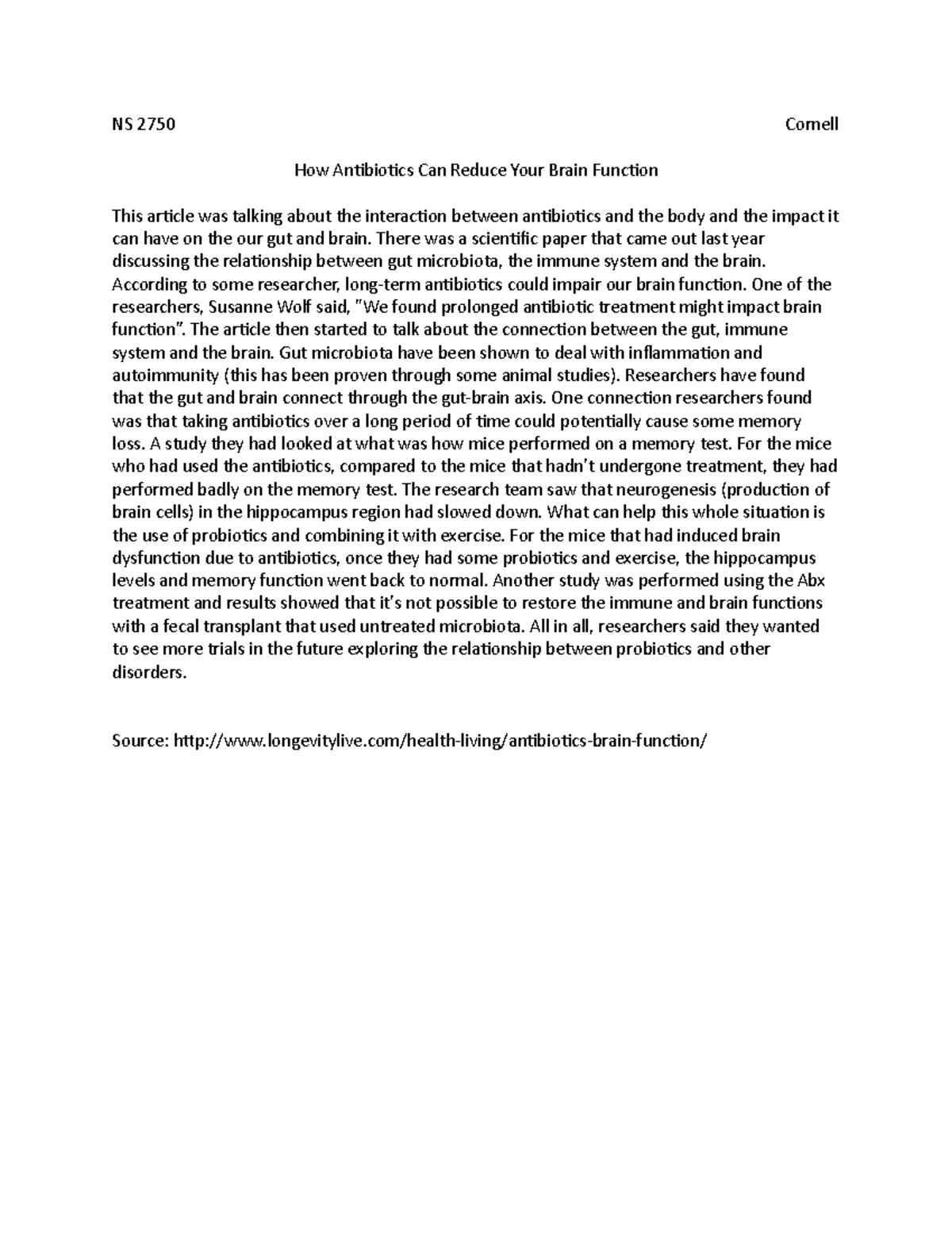 Week 12 Lecture Reflection - NS 2750 Cornell How Antibiotics Can Reduce ...