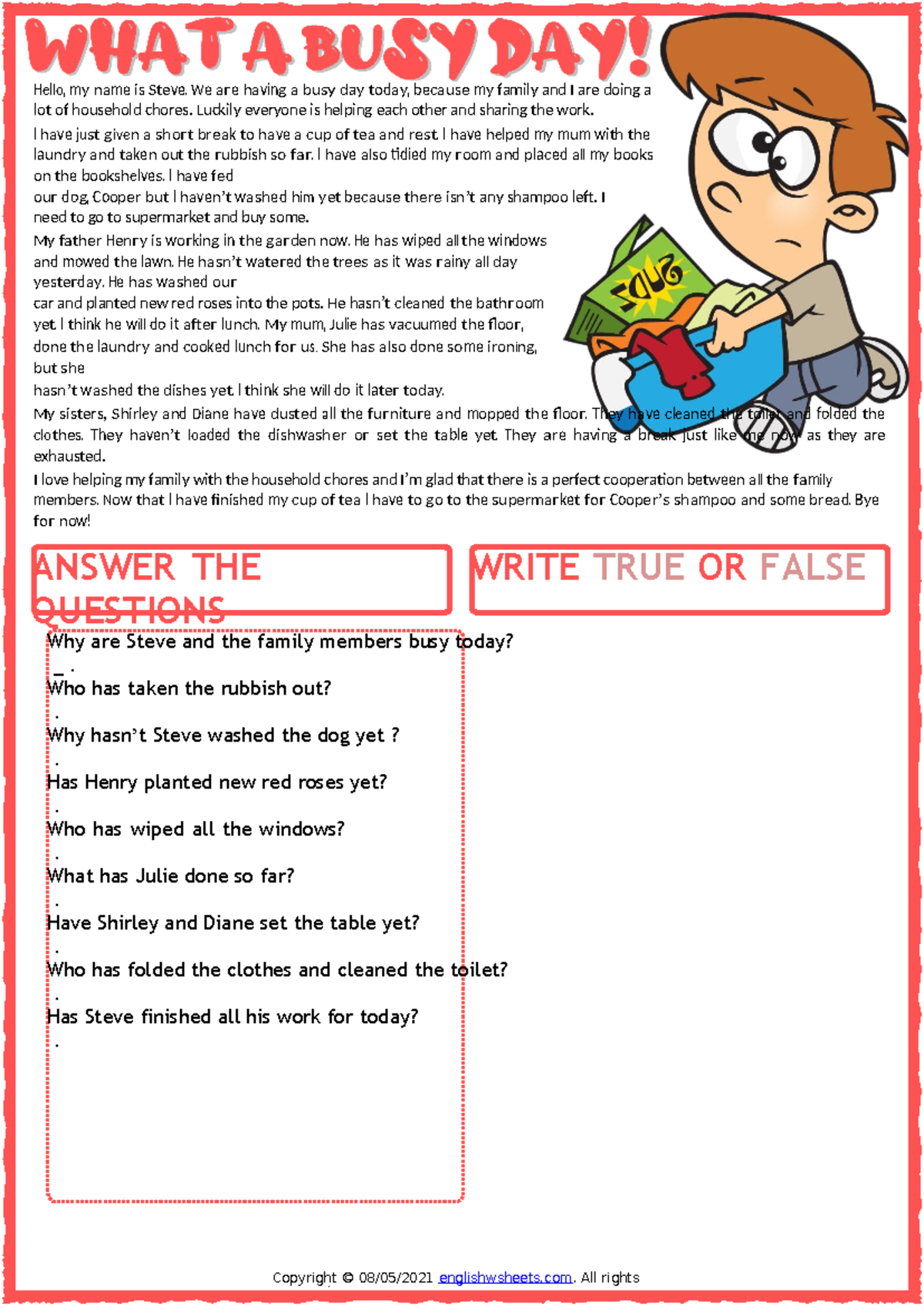 Present perfect tense what a busy day esl reading comprehension ...