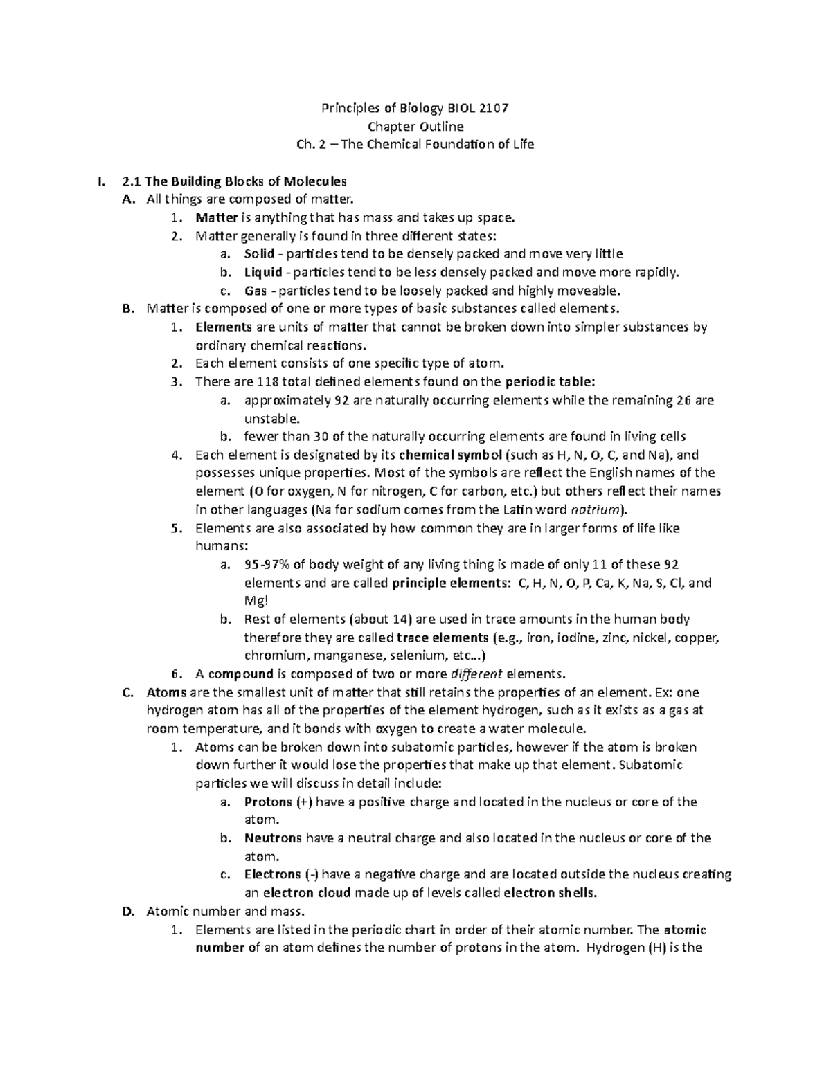 Ch. 2 - Chemical Foundation of Life Chapter Outline - Principles of ...