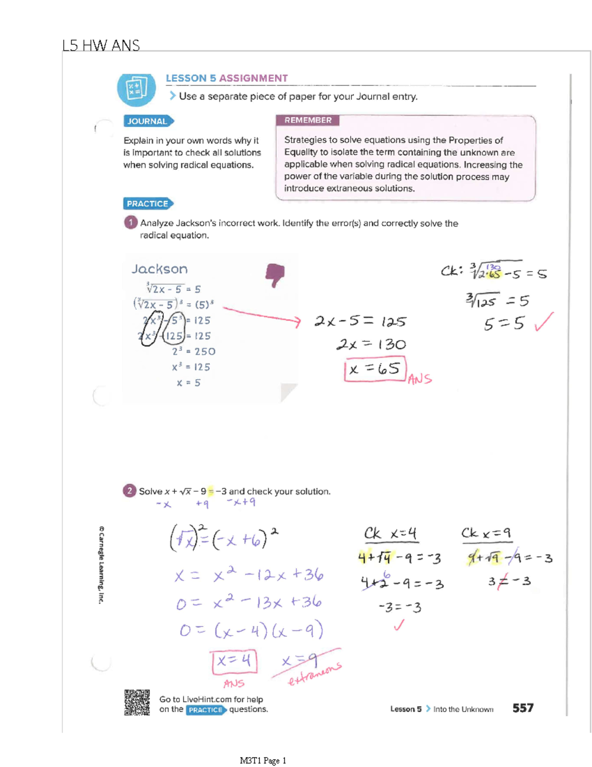 L5 HW ANS - For carnegie Learning text - L5 HW ANS M3T1 Page 1 - Studocu