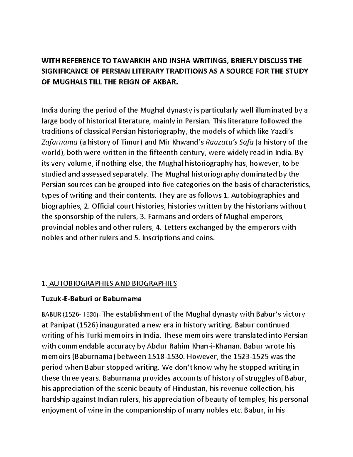 The Mughal sources - Lecture notes 1 - WITH REFERENCE TO TAWARKIH AND ...