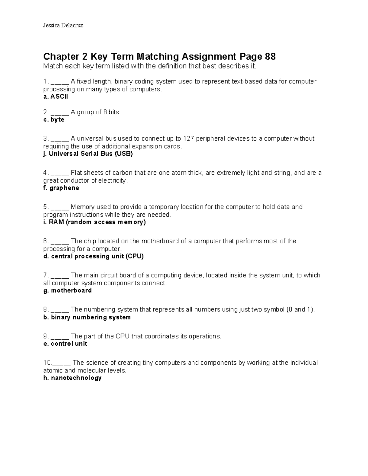 Chapter 2 Key Term Matching Assignment Page 88 Jessica Delacruz ...