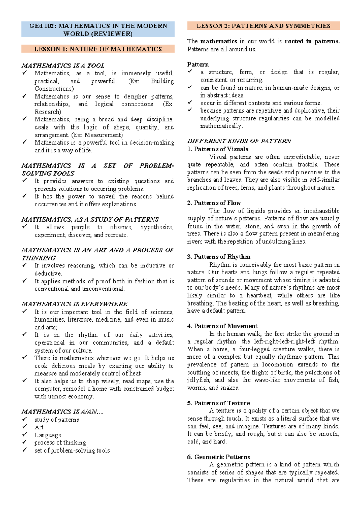 MMW Reviewer - ... - GEd 102: MATHEMATICS IN THE MODERN WORLD (REVIEWER ...