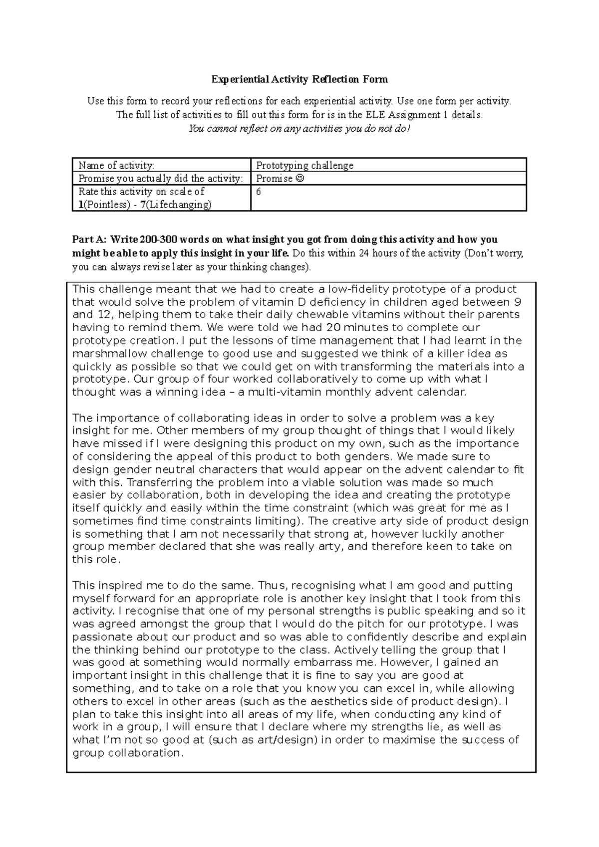 Prototype reflection - Experiential Activity Reflection Form Use this ...