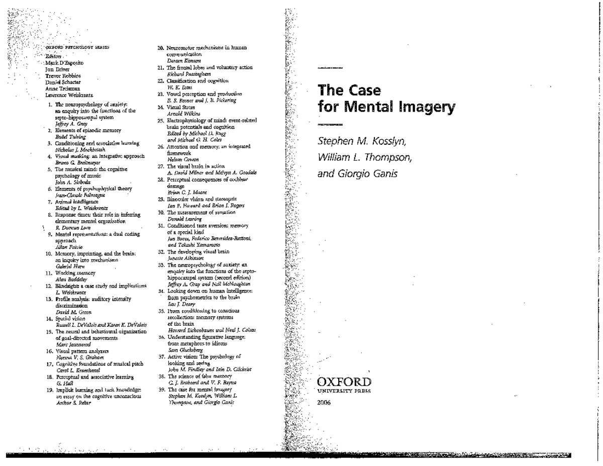 Kosslyn - The Case for Mental Imagery - Chapter 1 - 74942 - Studocu