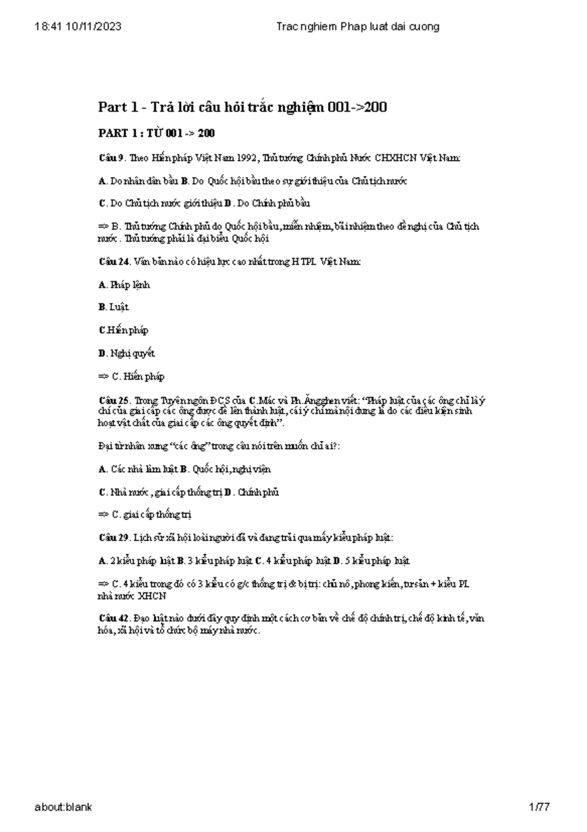 Trac nghiem Phap luat dai cuong - Part 1 - Trả lời câu hỏi trắc nghiệm 001-> PART 1 : TỪ 001 ...