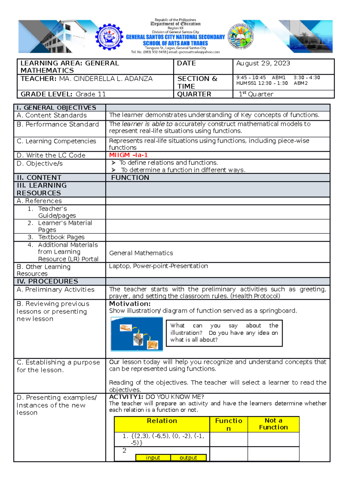 Adanza-DLP-Day1 Gen Math-8-29-23 - LEARNING AREA: GENERAL MATHEMATICS ...