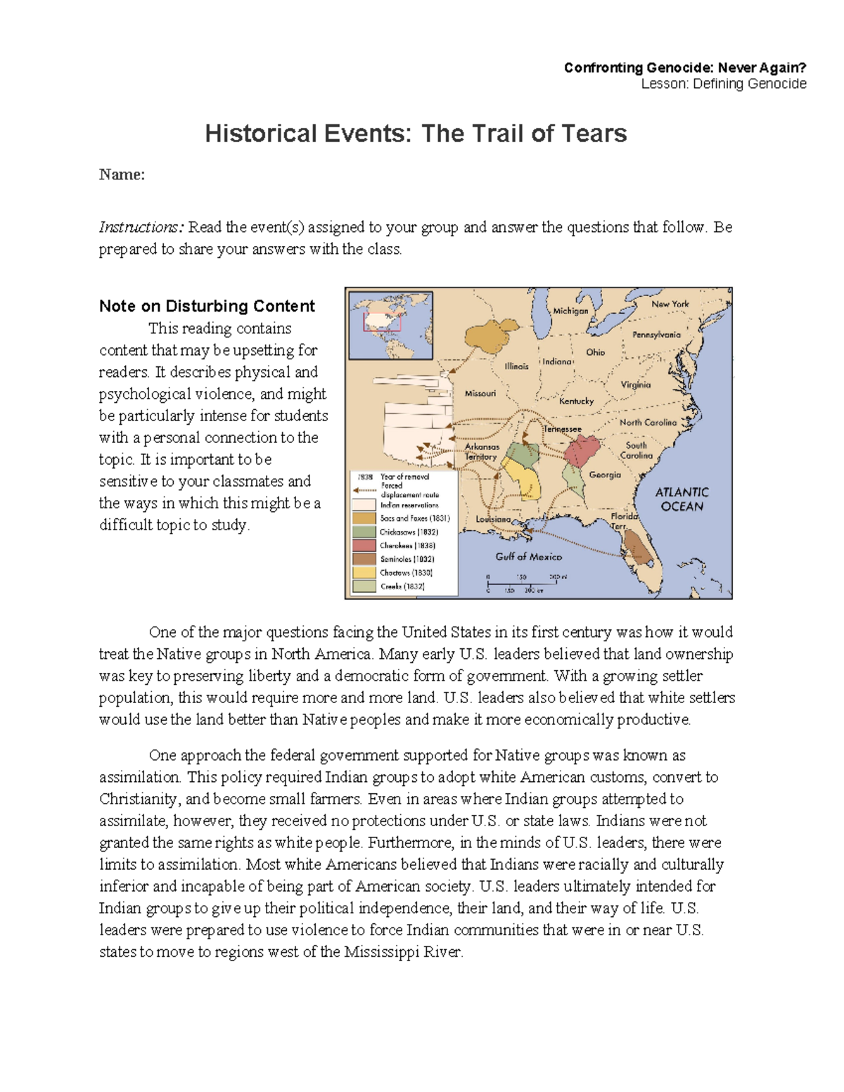 Part I-Historical Events The Trail of Tears Genocide - Confronting ...