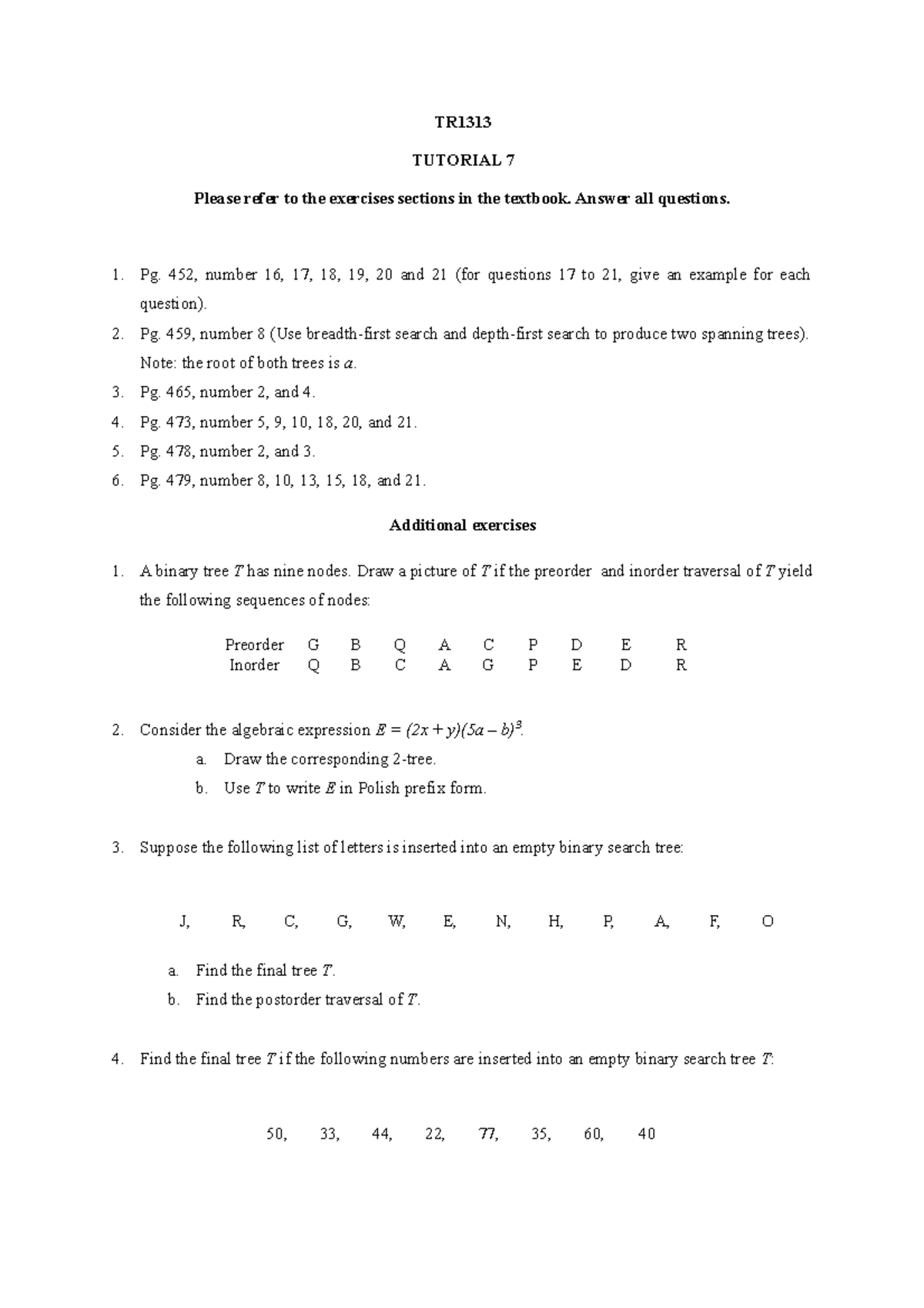Tutorial 7 - TR1313 TUTORIAL 7 Please refer to the exercises sections ...