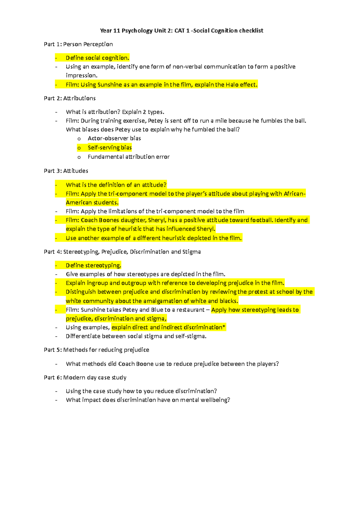 CAT 1 - Social cognition checklist 2023 - Year 11 Psychology Unit 2 ...