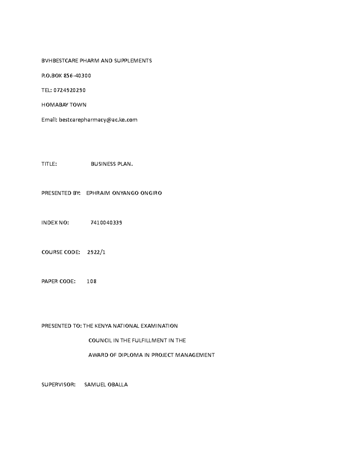 B.PLAN 3 - my business plan doc - BVHBESTCARE PHARM AND SUPPLEMENTS P.O ...