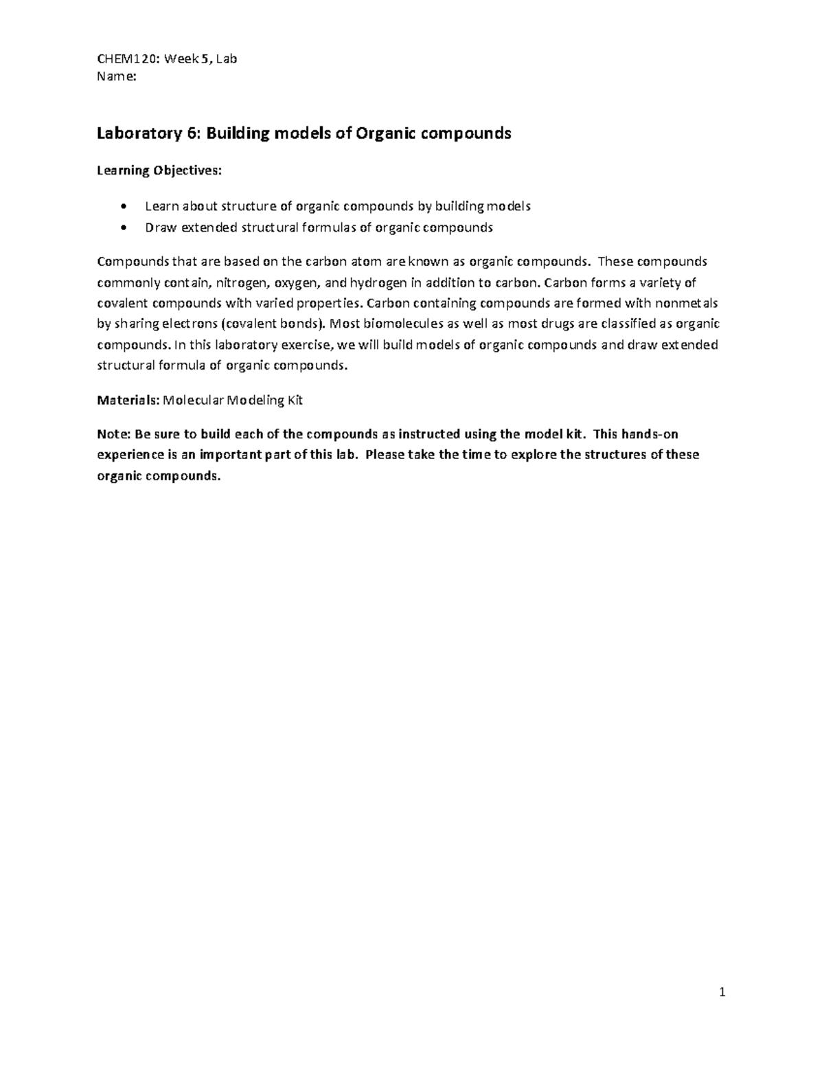 Lab6 Organic-6-26-19 - Chem 120 Lab 6 - Name: Laboratory 6: Building models of Organic compounds ...