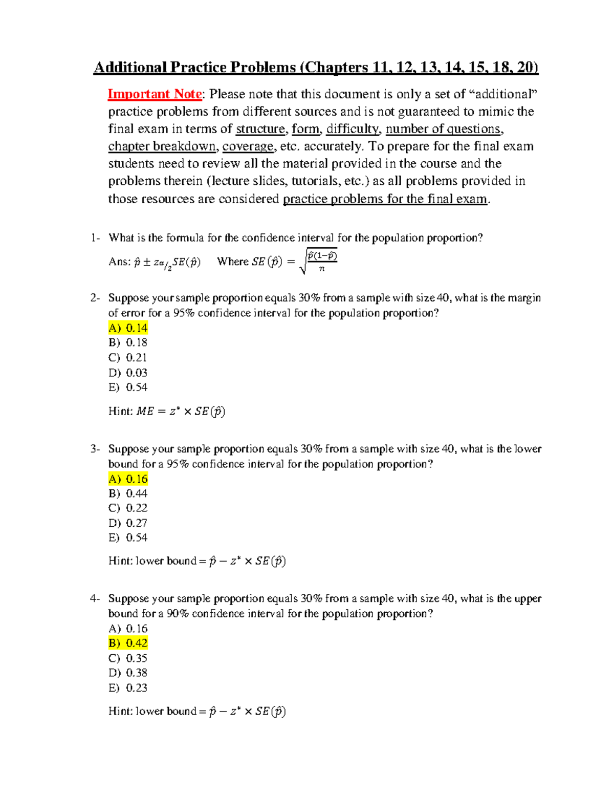 Additional Practice Problems (Ch. 11, 13, 14, 15, 18, 20) with Answers ...