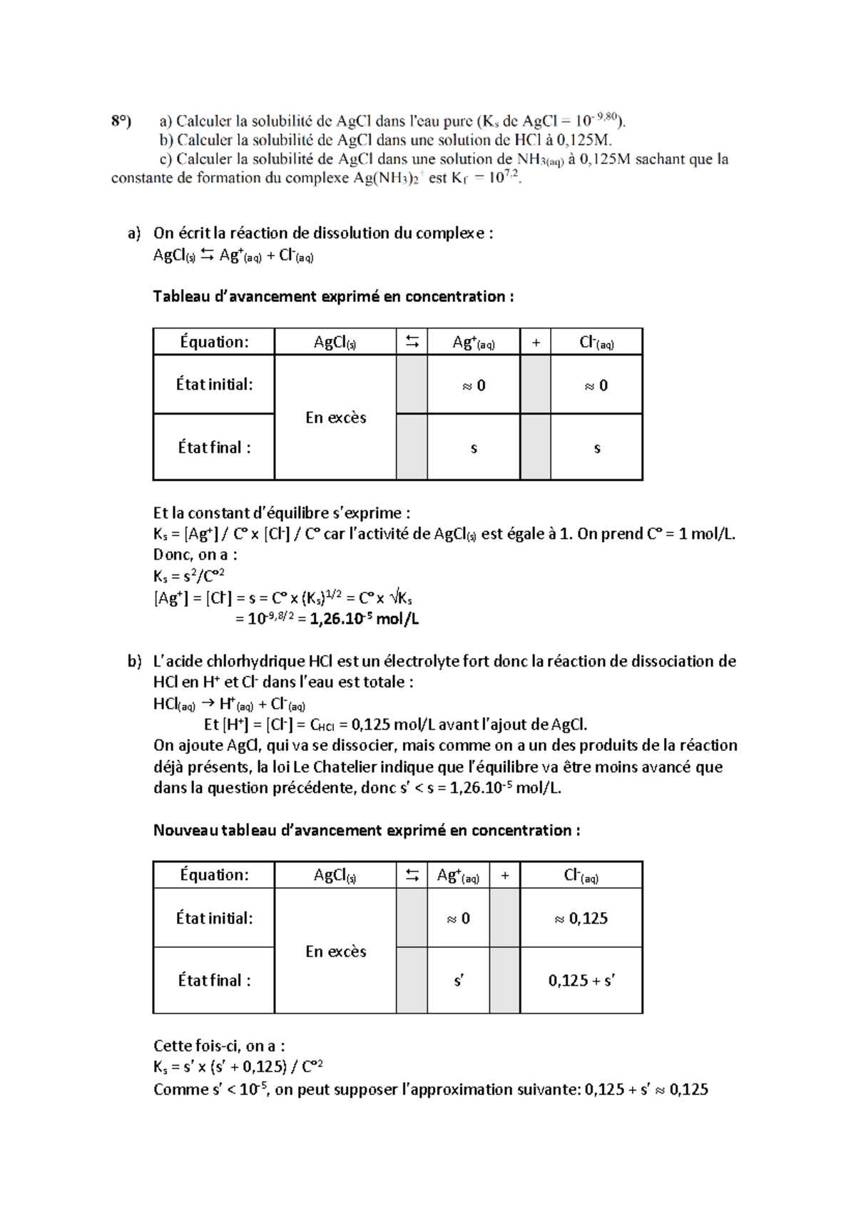 TD3-Ex8 - chimie des sols - a) On écrit la réaction de dissolution du complexe : AgCl(s) Ag+(aq ...