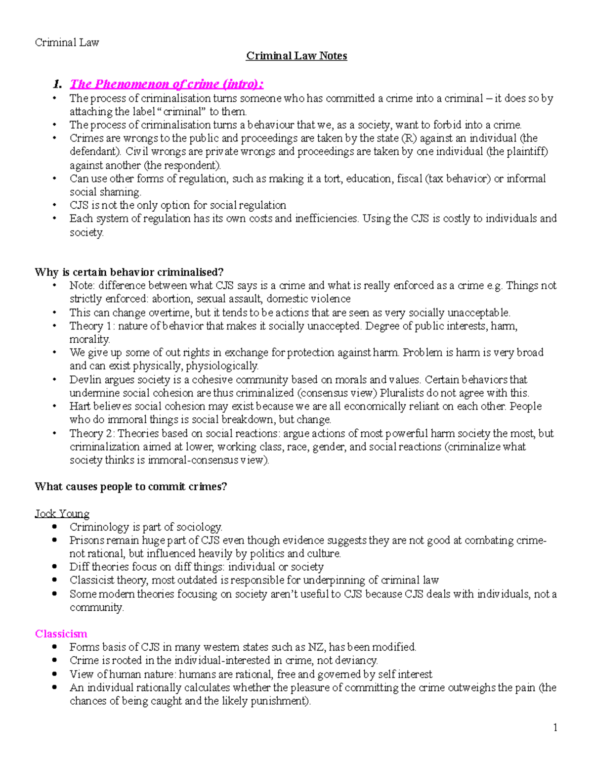 Criminal Law Full Year Revision - Criminal Law Notes 1. The Phenomenon ...
