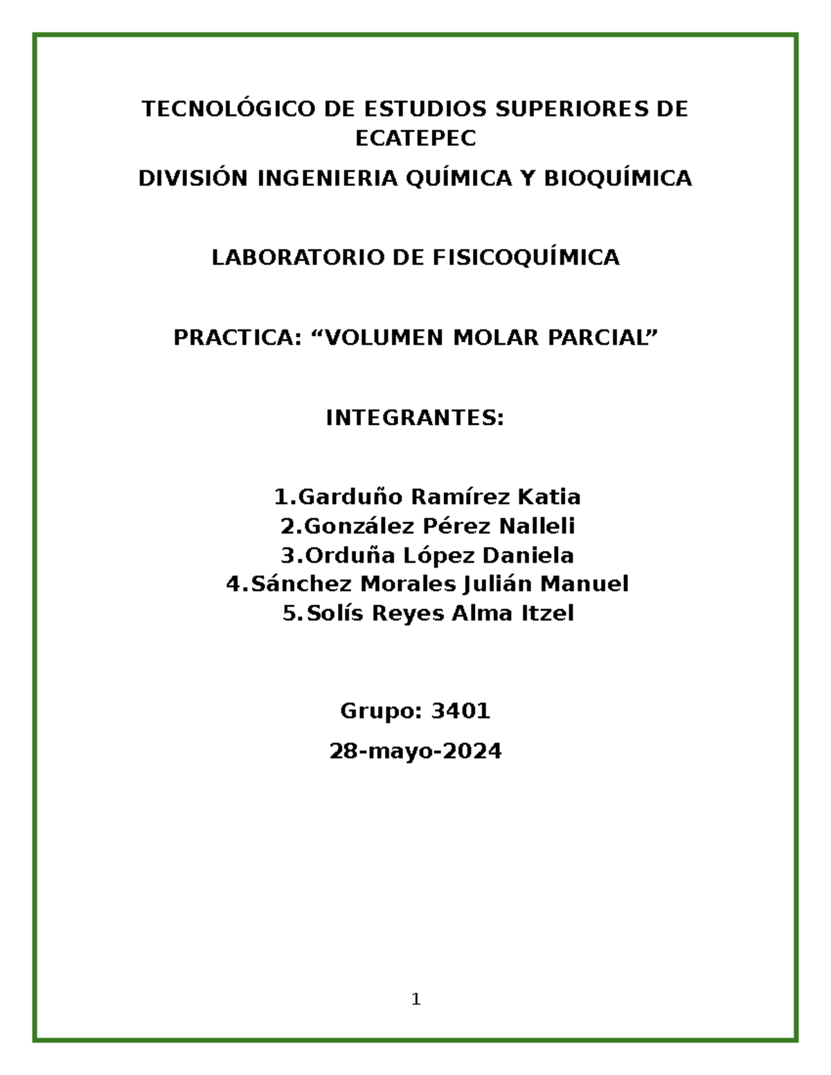 Practica. volumen molar parcial - TECNOLÓGICO DE ESTUDIOS SUPERIORES DE ...