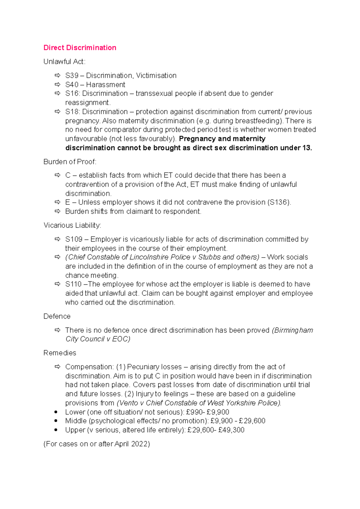 Discrimination crib sheet - Direct Discrimination Unlawful Act: S39 ...