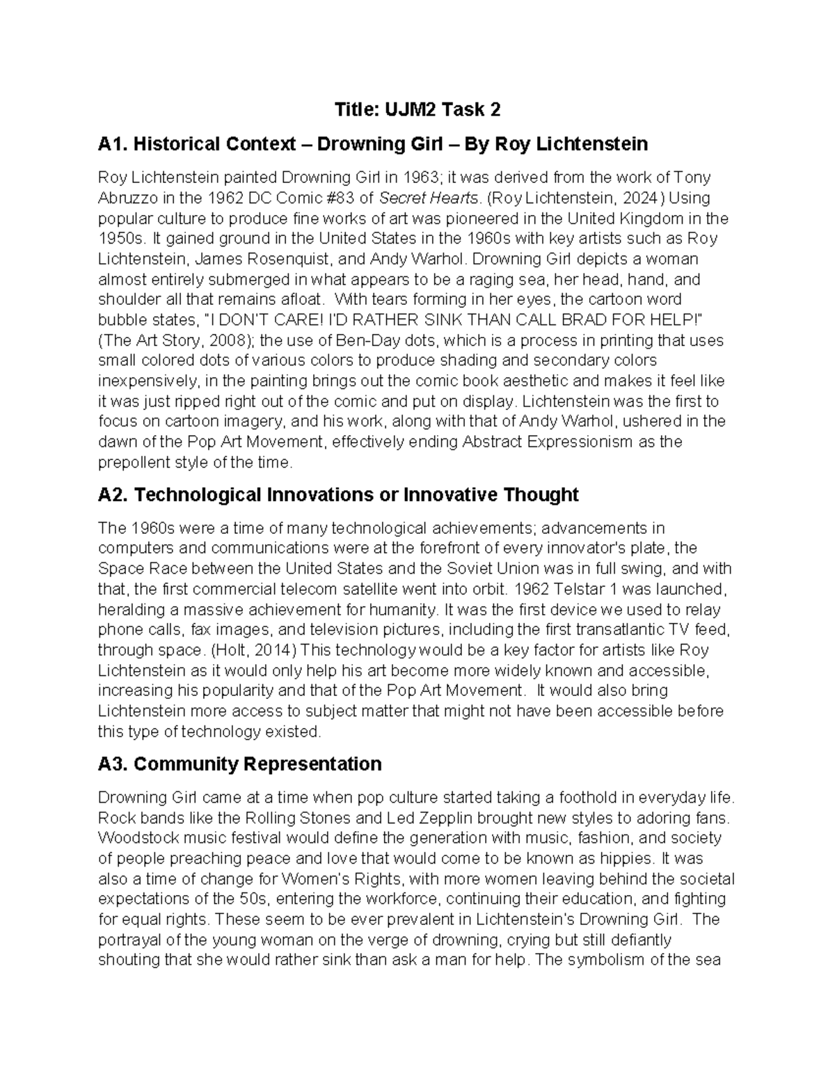 UJM2 Task 2 - Passed - Title: UJM2 Task 2 A1. Historical Context – Drowning Girl – By Roy - Studocu