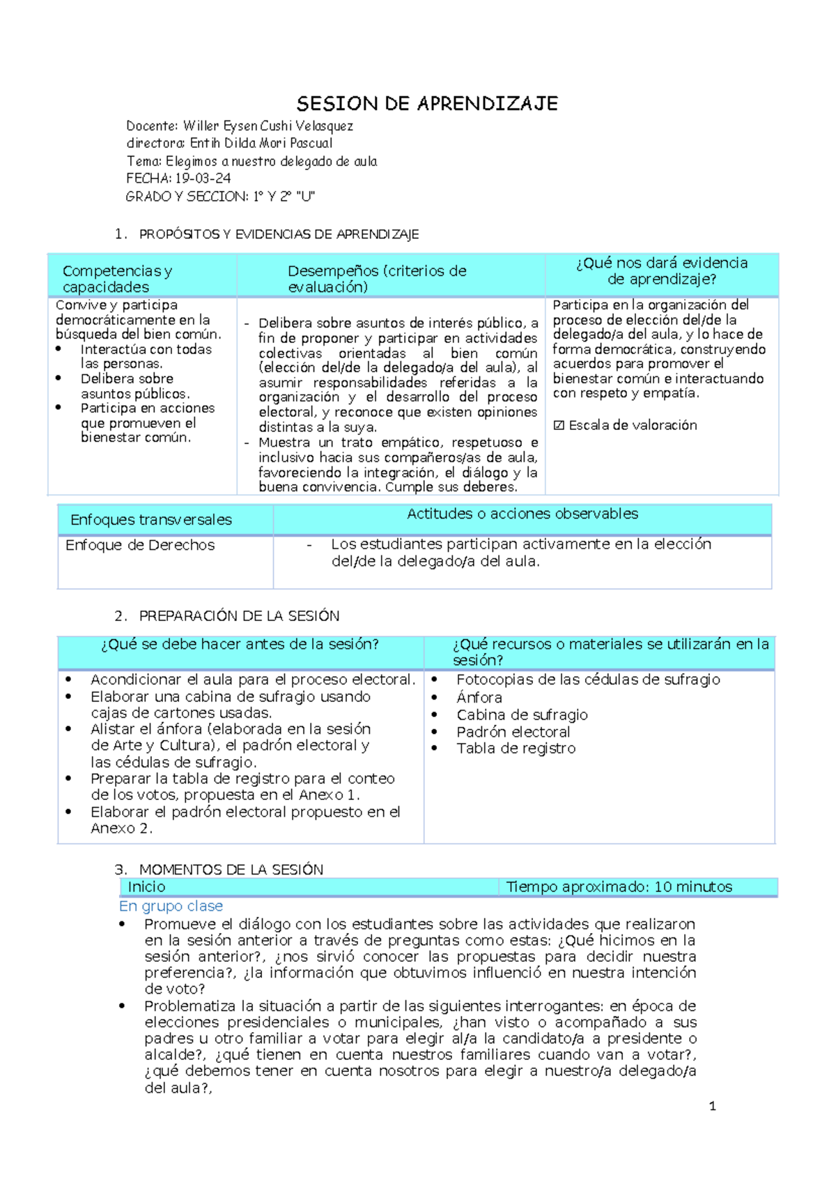 Sesion 1° Y 2° Grado 19 DE Marzo - SESION DE APRENDIZAJE Docente: Willer Eysen Cushi Velasquez ...