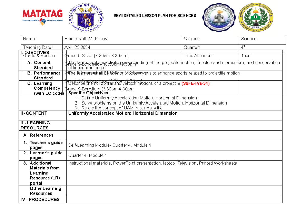 UAM-Horizontal-Dimension-LP matatag 3 - I. OJECTIVES A. Content ...