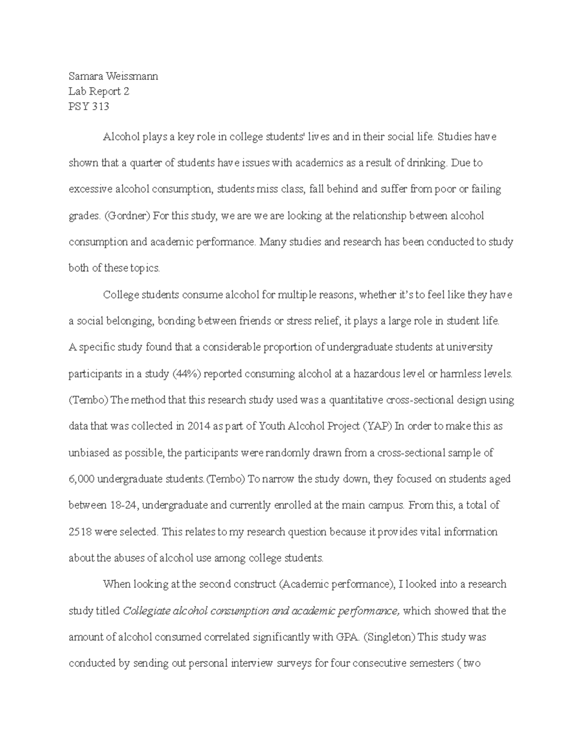 Lab report 2 - College Students and Alcohol consumption - Samara ...