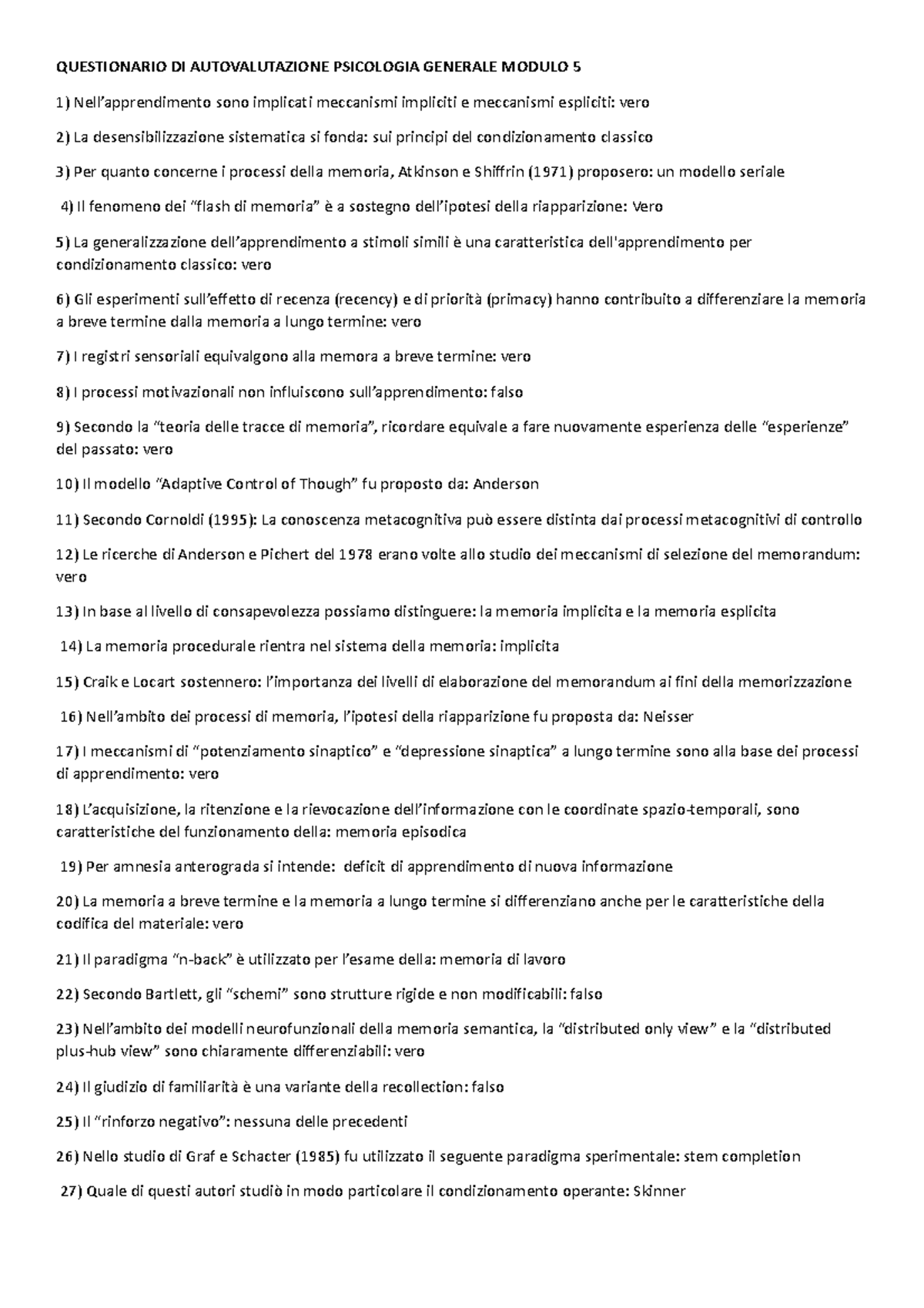 Questionario DI Autovalutazione Psicologia Generale Modulo 5 - QUESTIONARIO DI AUTOVALUTAZIONE ...