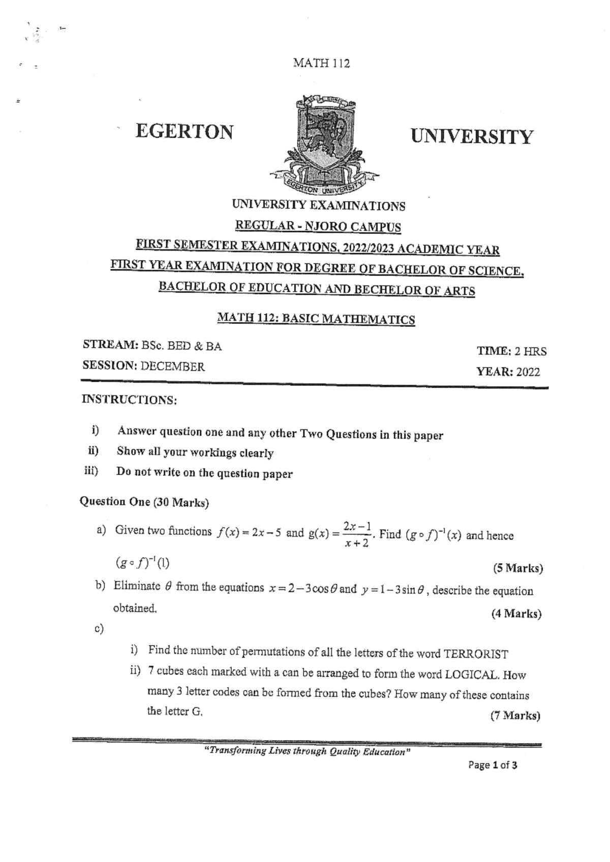 MATH 112 December 2022 - Math - MATH 112 EGERTON UNIVERSITY EGERTON ...
