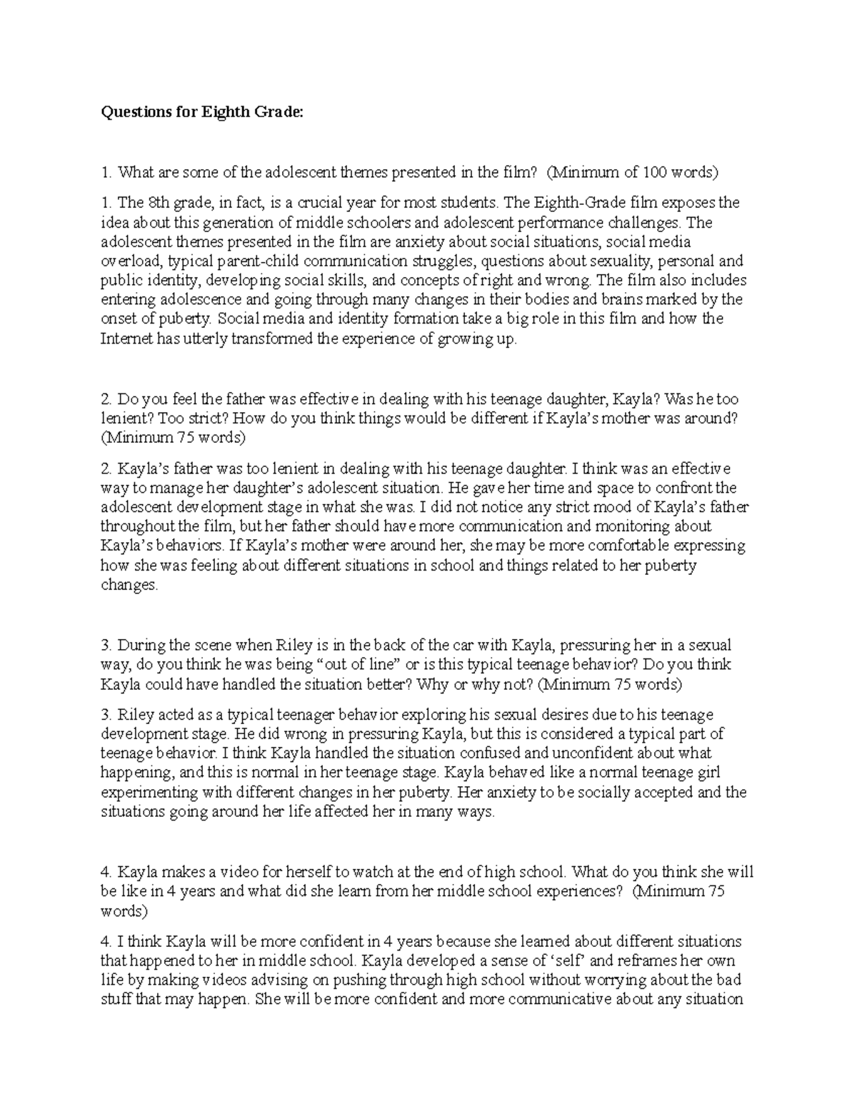 Eight Grade-Analysis - assignment - Questions for Eighth Grade: What ...