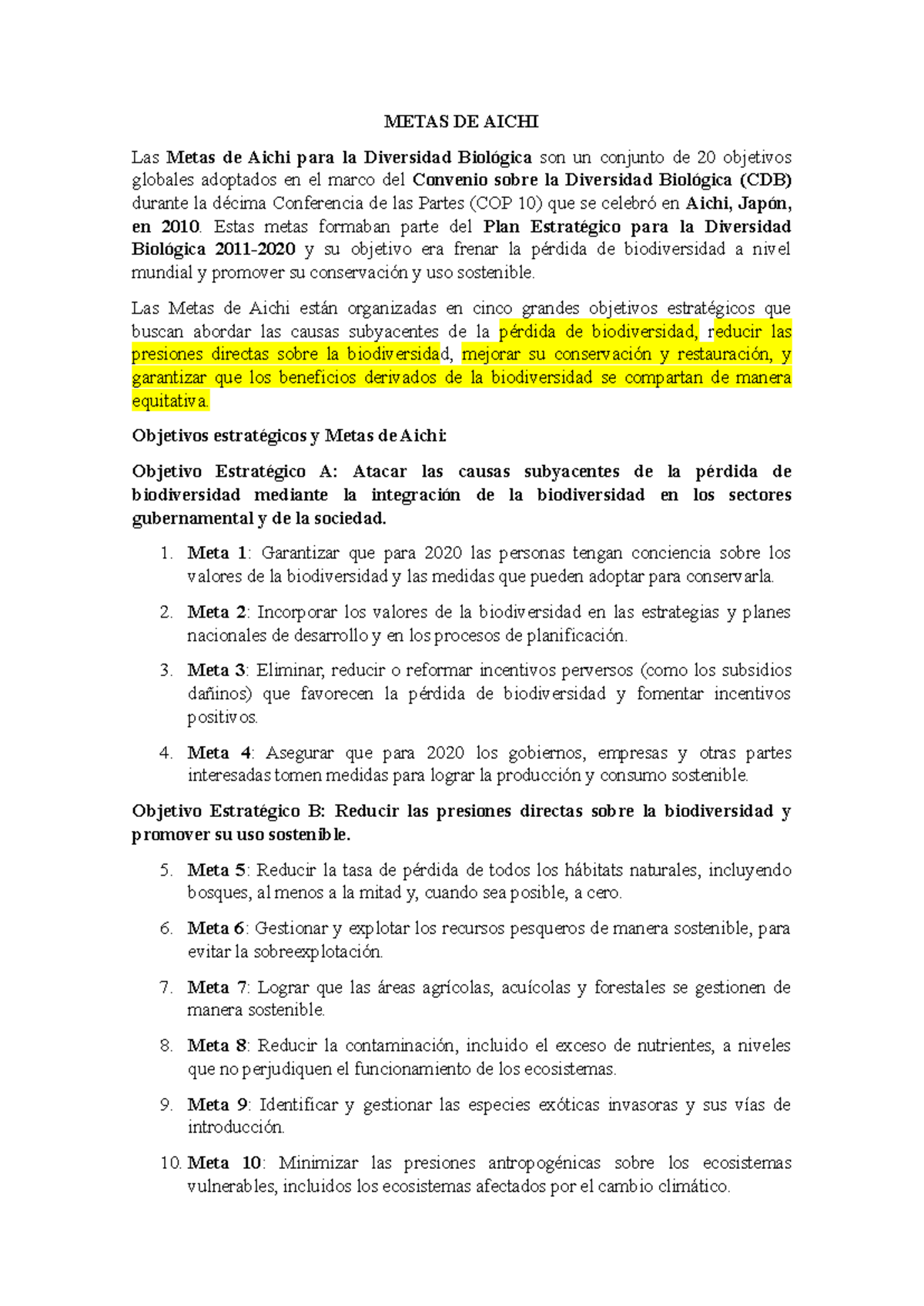 1 Metas DE Aichi - METAS DE AICHI Las Metas de Aichi para la Diversidad ...