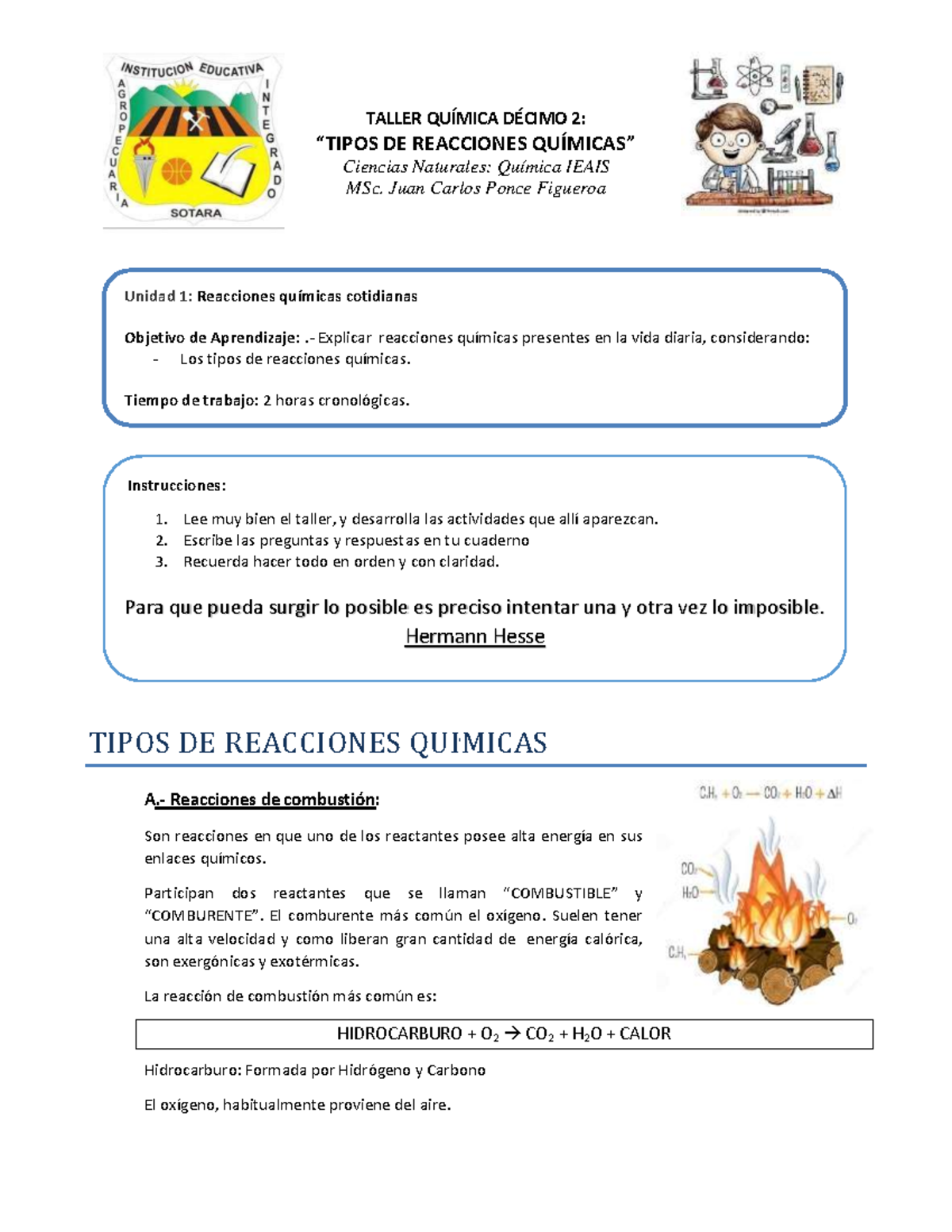 Taller reacciones químicas décimo 2024 - Unidad 1: Reacciones químicas ...