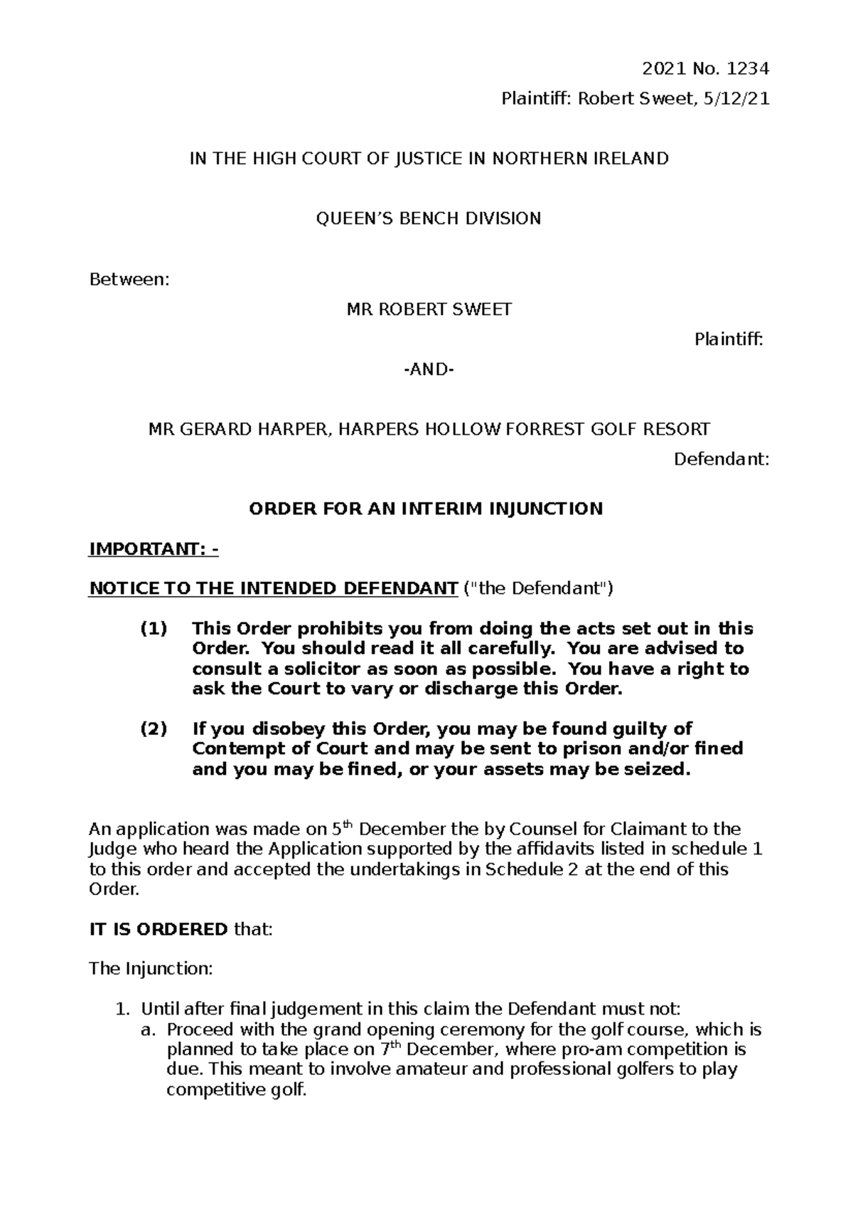 Draft order - case - SWK506 - Ulster - Studocu