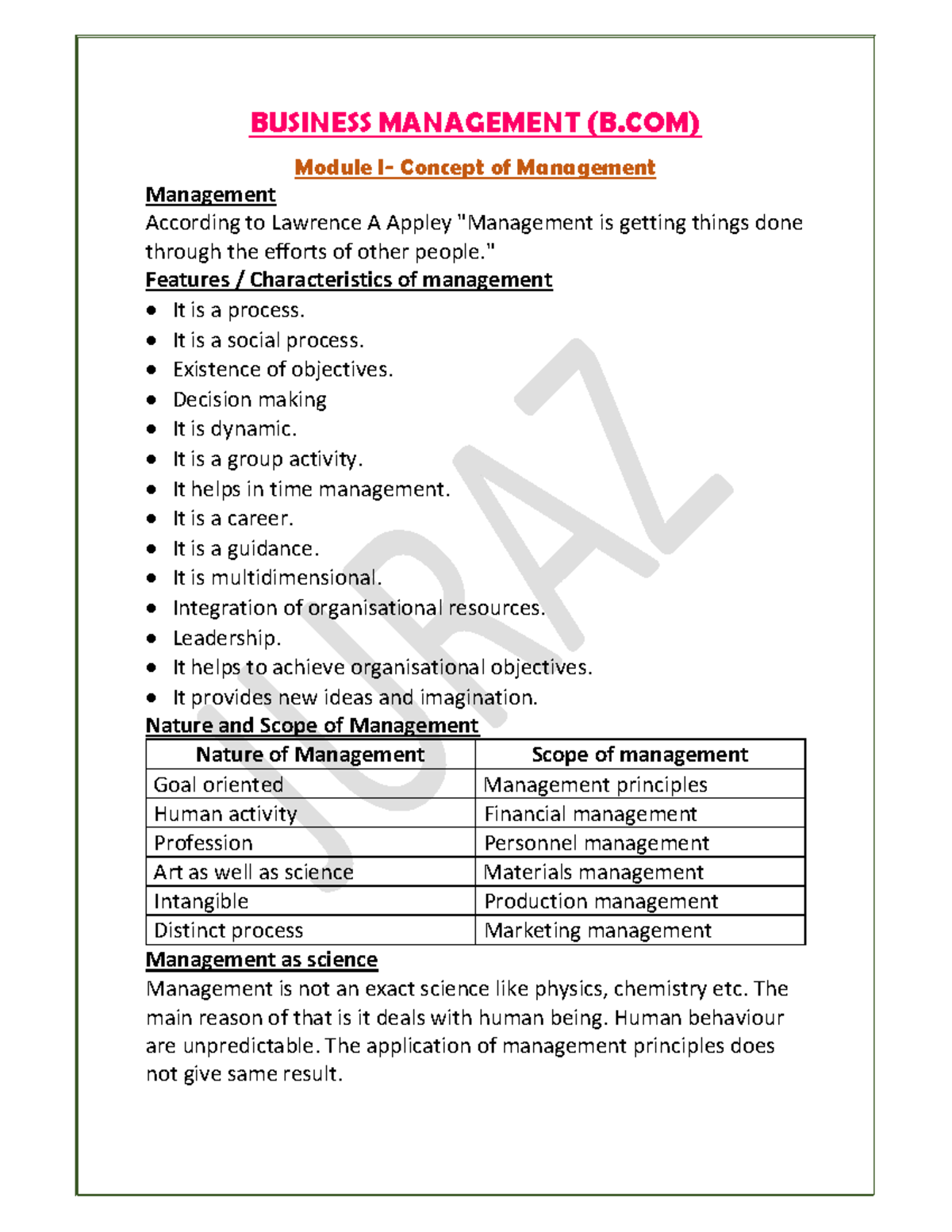 Buisness management - BUSINESS MANAGEMENT (B) Module I- Concept of ...