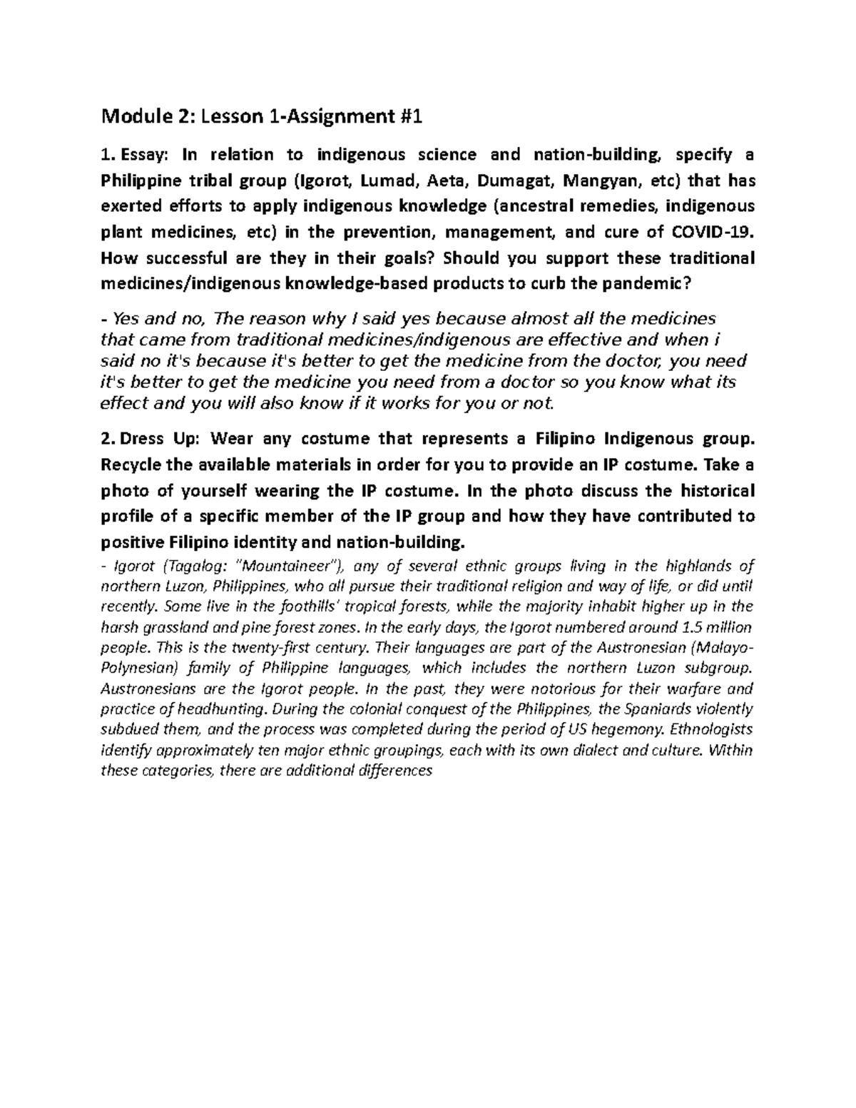 M2L1As1 - n/a - Module 2: Lesson 1-Assignment Essay: In relation to ...