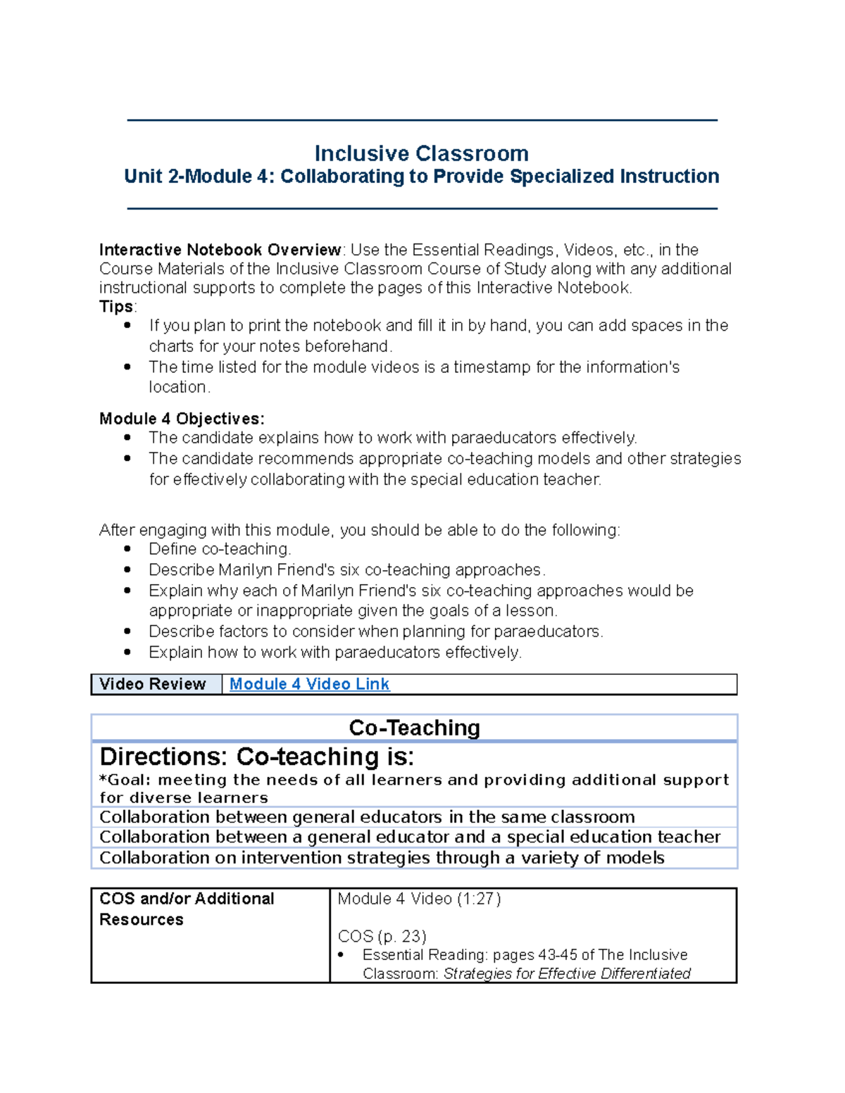 Inclusive Classroom Unit 2 Module 4 Notebook - - Studocu