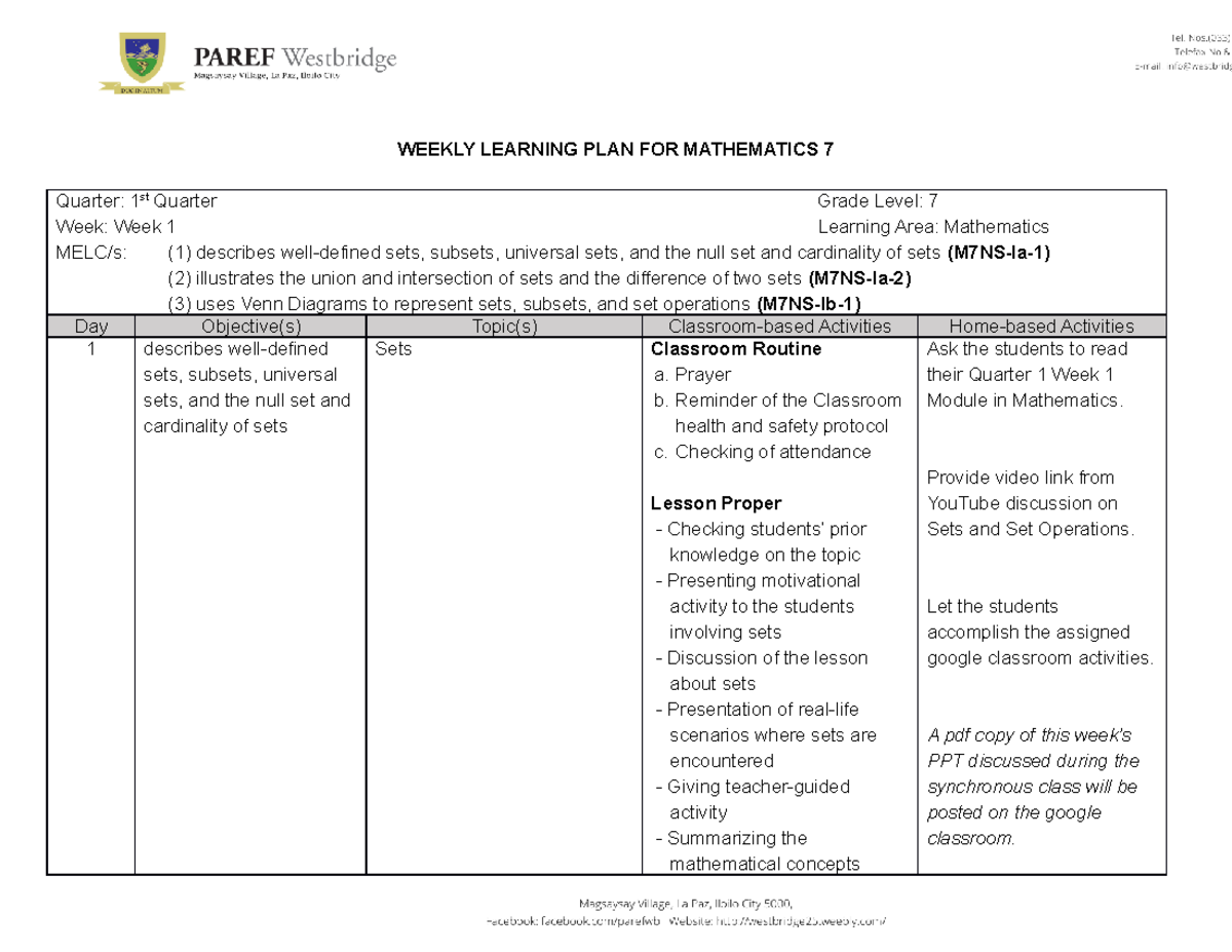 Weekly Learning Plan (Grade 7) - 1st Quarter - Week 1 - Copy - WEEKLY LEARNING PLAN FOR ...