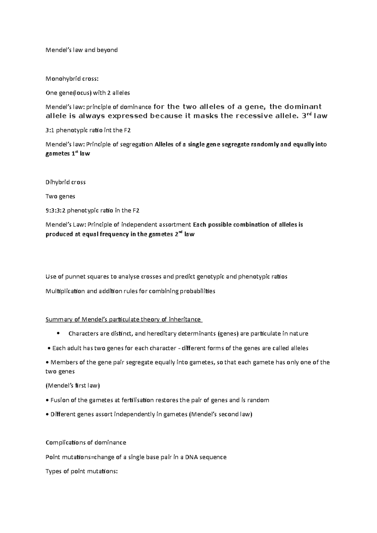 Mendel and beyond - Lecture notes - Mendel’s law and beyond Monohybrid ...