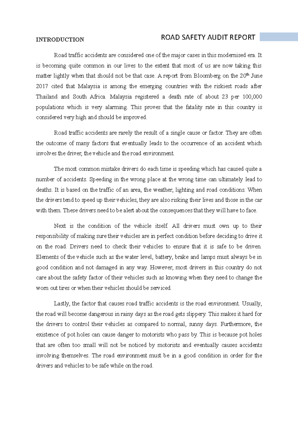 Introduction RSA - INTRODUCTION Road traffic accidents are considered ...