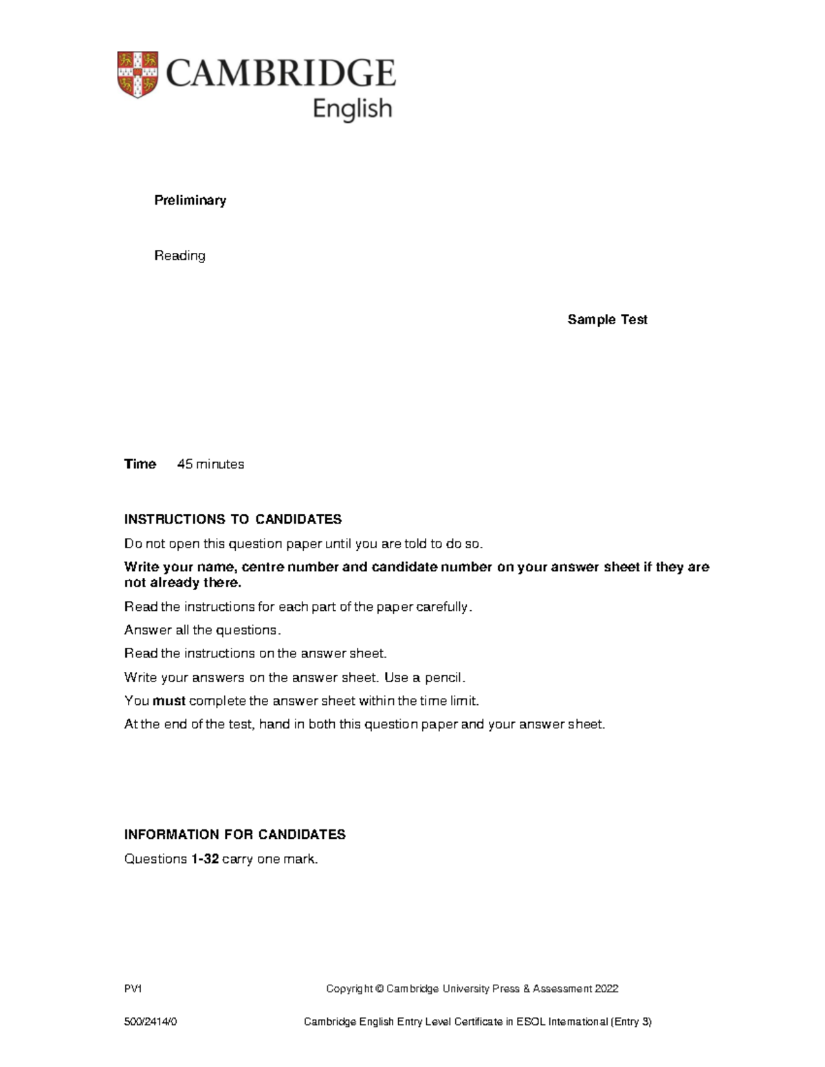 B1 Preliminary 2022 sample tests Reading - question paper - Preliminary ...