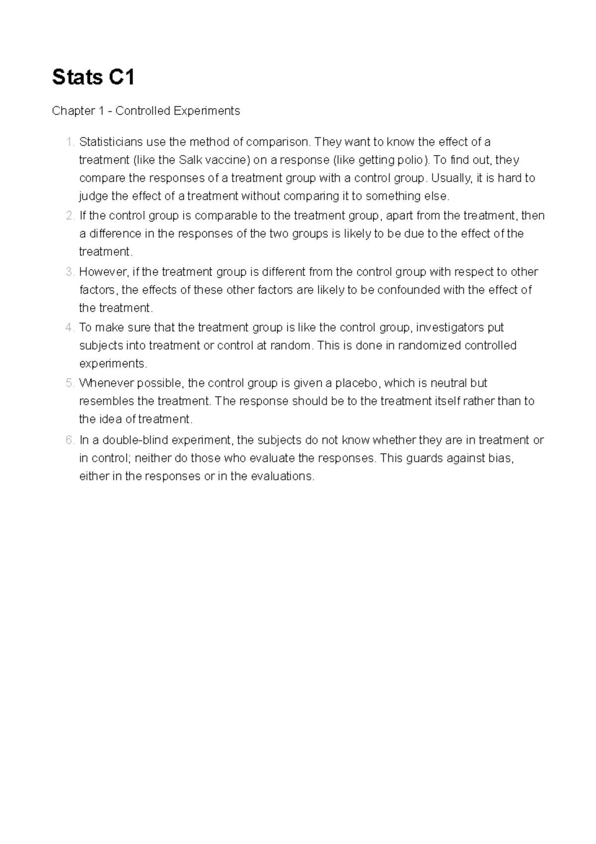 Stats C1 - Stats C Chapter 1 - Controlled Experiments Statisticians use ...
