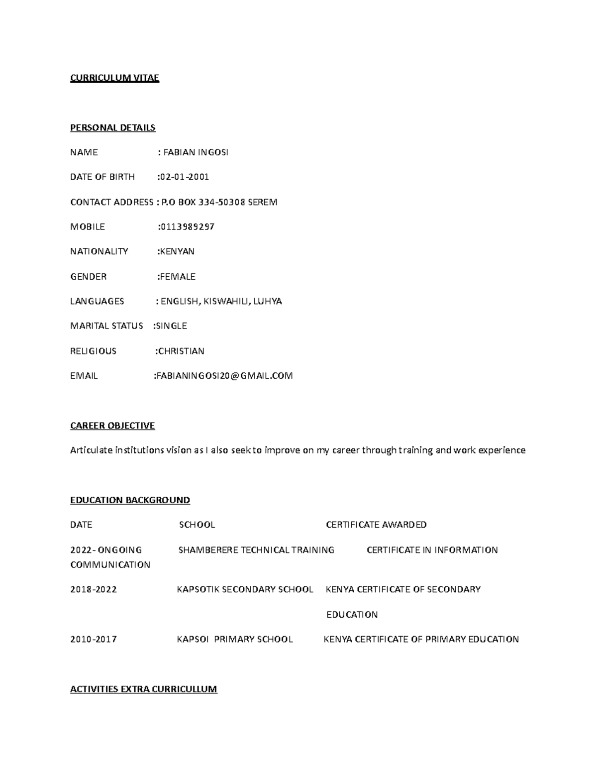 Curriculum Vitae - CURRICULUM VITAE PERSONAL DETAILS NAME : FABIAN ...