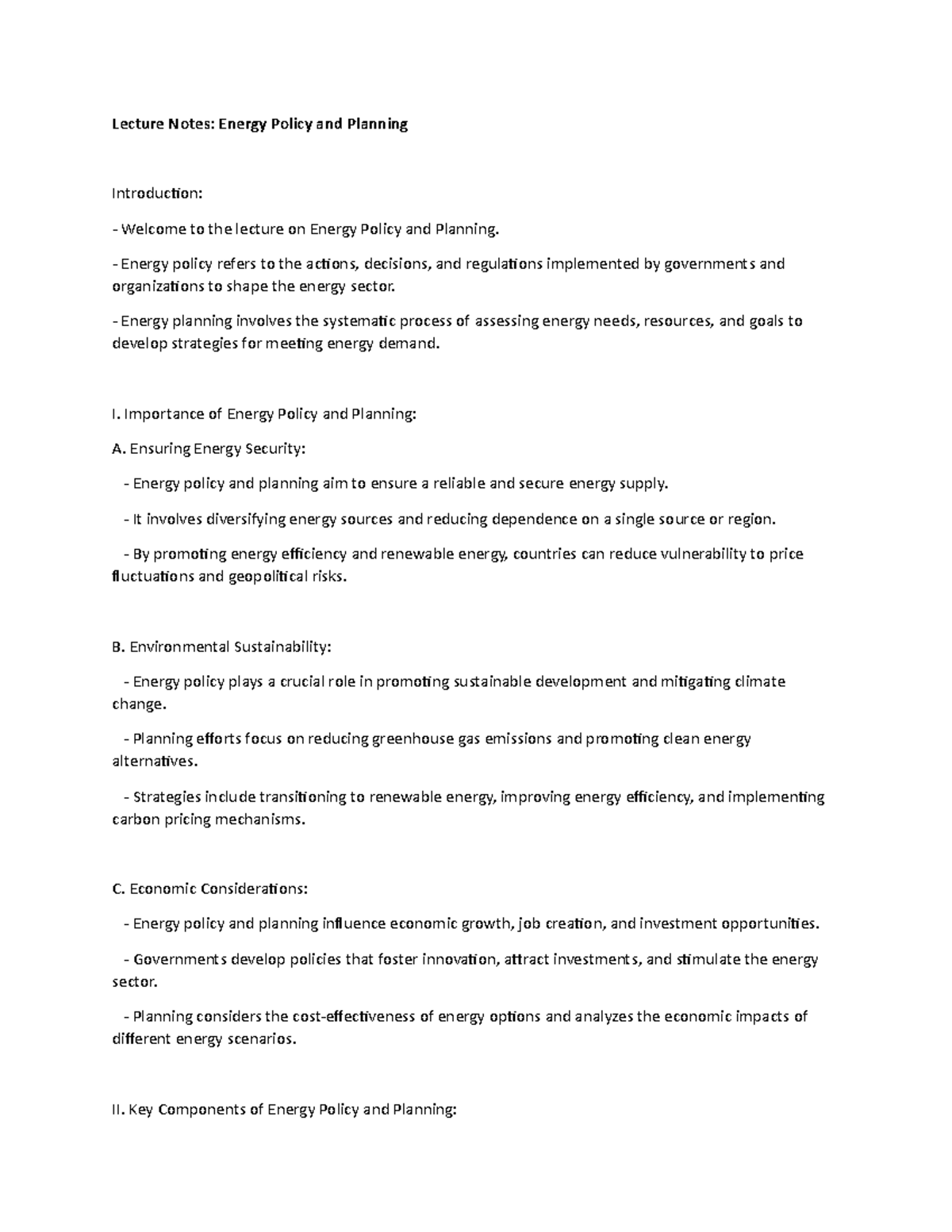 Lecture Notes: Energy Policy and Planning - Lecture Notes: Energy ...