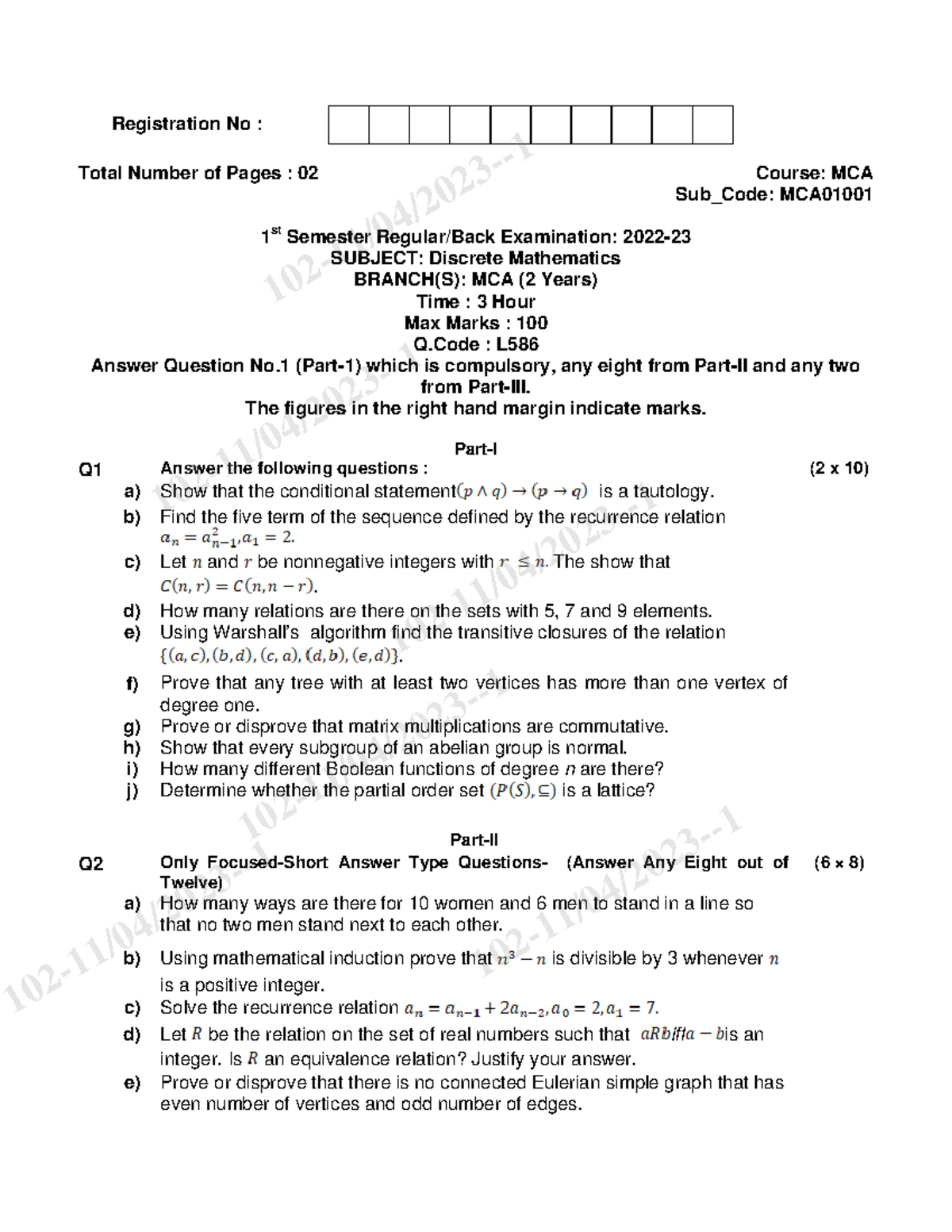 Mca1Sem2024-2025 - Registration No : Total Number of Pages : 02 Course ...