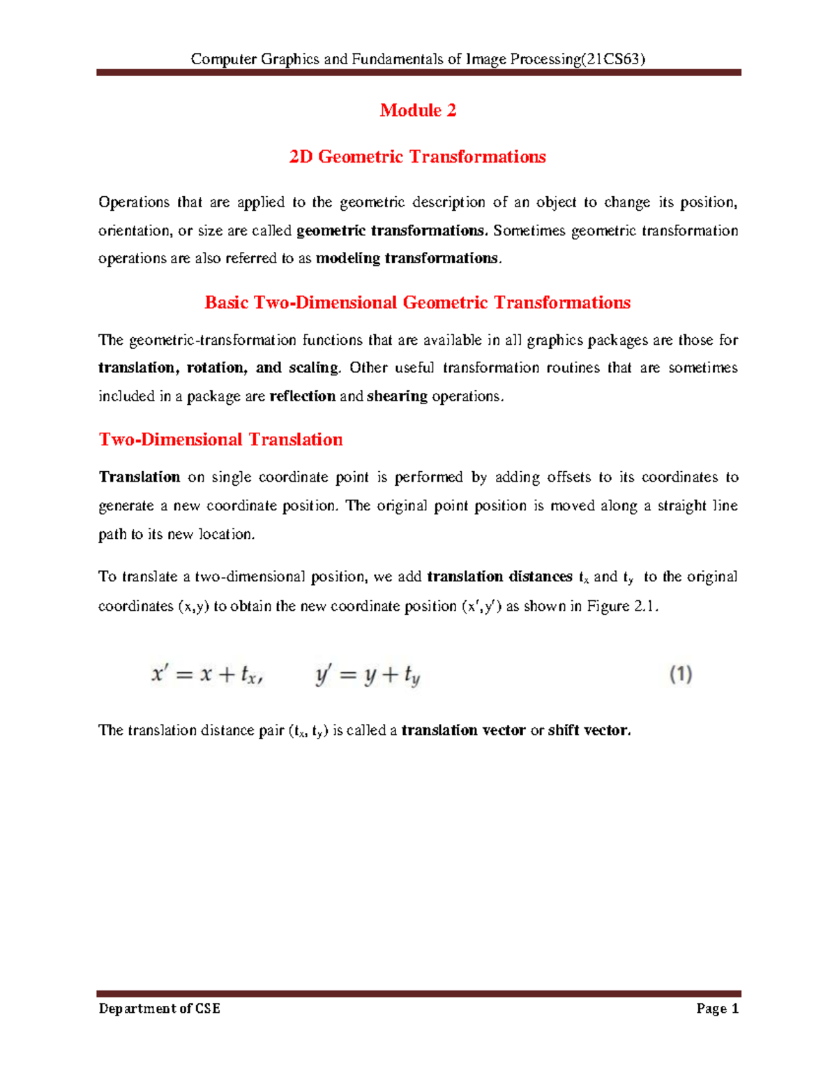 Module 2 Notes - Yes - Module 2 2D Geometric Transformations Operations ...
